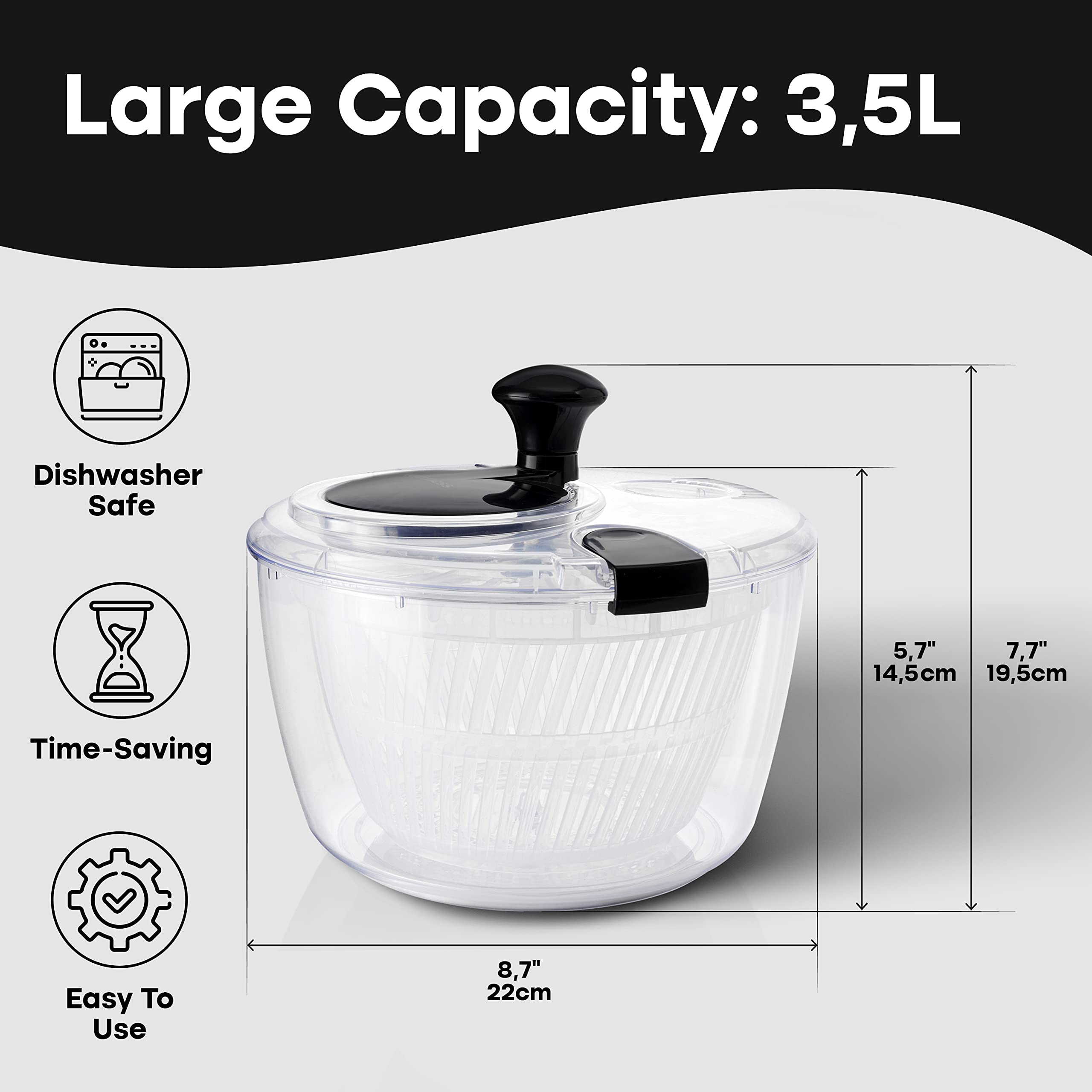 Joined Large Salad Spinner with Storage Lid, Drain, Bowl, and Colander - Quick and Easy Multi-Use Lettuce Spinner, Vegetable Dryer, Fruit Washer, Pasta and Fries Spinner - 5.28 Qt