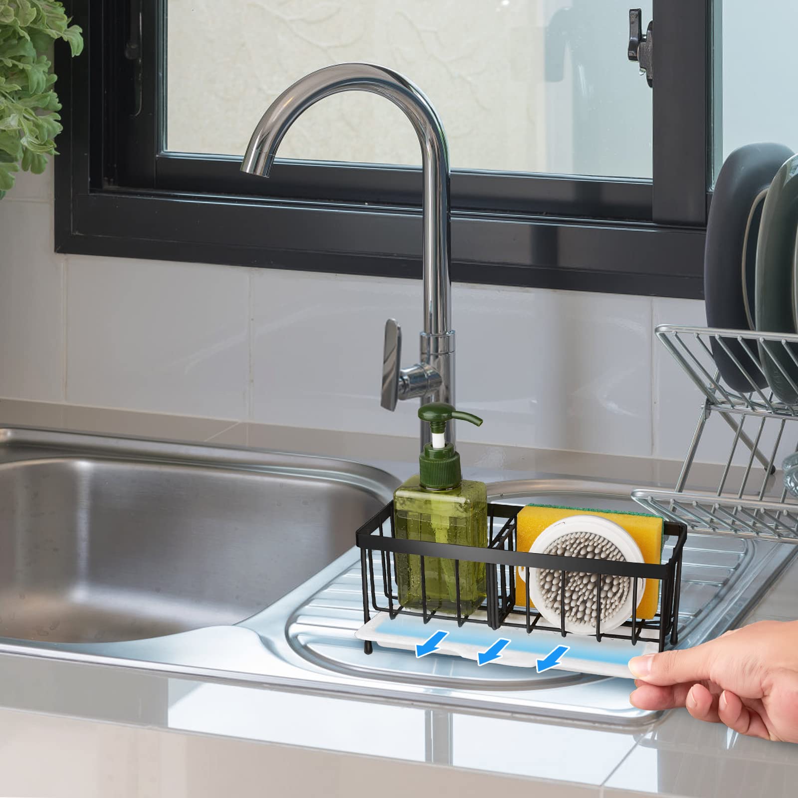 RedCall Dish Sponge Holder for Kitchen Sink,304 Stainless Steel Sink Sponge Holder, Kitchen Sink Caddy Organizer Countertop Soap Dispenser Brush Tray with Adjustable Partition