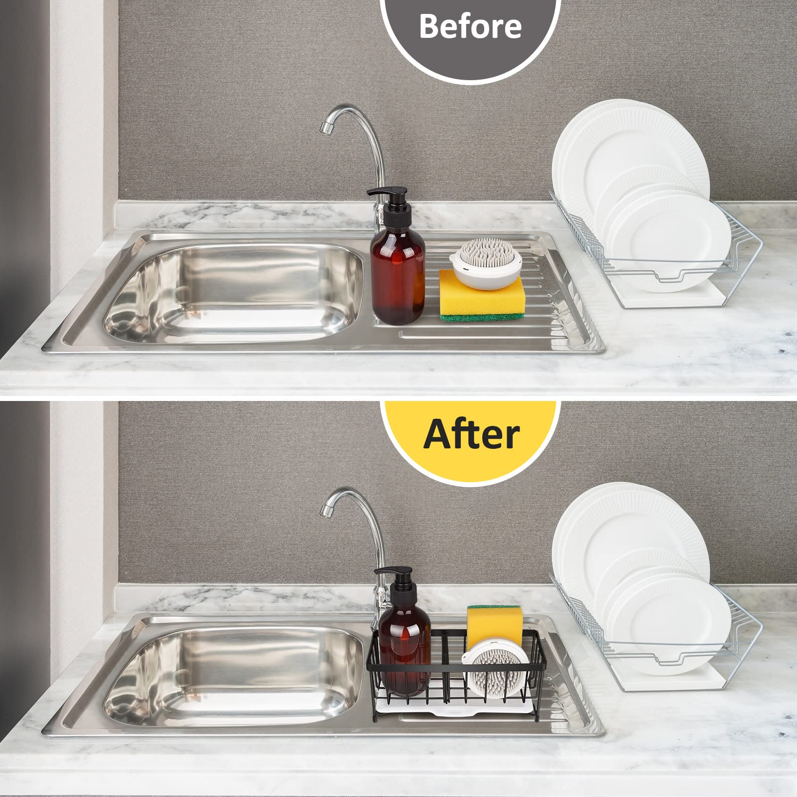 RedCall Dish Sponge Holder for Kitchen Sink,304 Stainless Steel Sink Sponge Holder, Kitchen Sink Caddy Organizer Countertop Soap Dispenser Brush Tray with Adjustable Partition