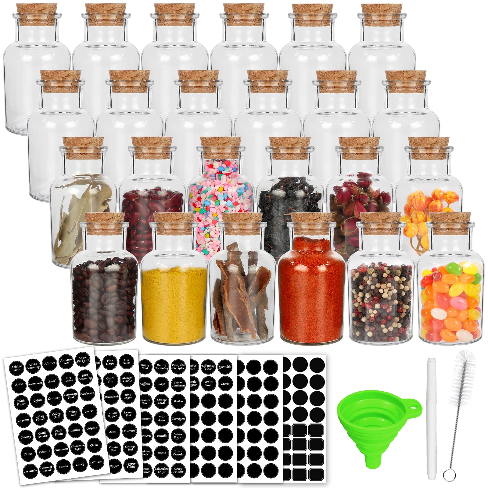 5oz Glass Bottles Jars with Cork Lids,15 Pack Spice Jars with Labels,150ml Kitchen Storage Jars Glass Canister for Herbs,Tea Leaves,Candy,Seasoning,DIY Crafts,Decorations