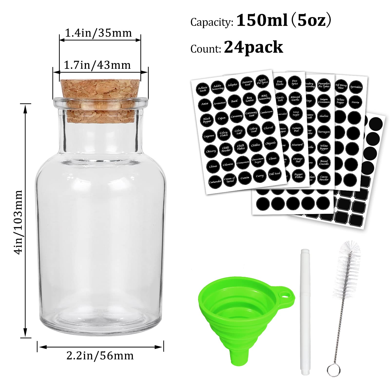 5oz Glass Bottles Jars with Cork Lids,15 Pack Spice Jars with Labels,150ml Kitchen Storage Jars Glass Canister for Herbs,Tea Leaves,Candy,Seasoning,DIY Crafts,Decorations