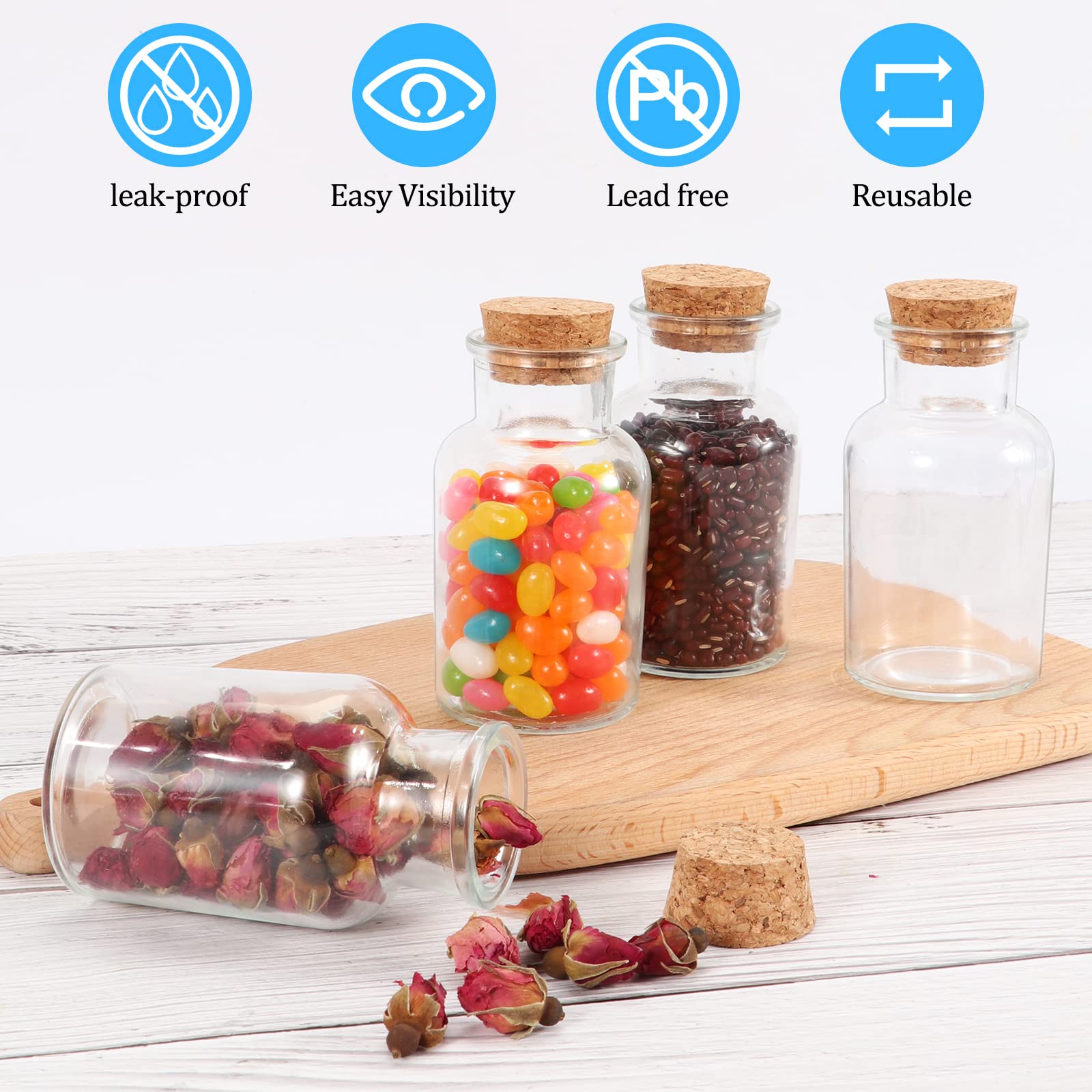 5oz Glass Bottles Jars with Cork Lids,15 Pack Spice Jars with Labels,150ml Kitchen Storage Jars Glass Canister for Herbs,Tea Leaves,Candy,Seasoning,DIY Crafts,Decorations