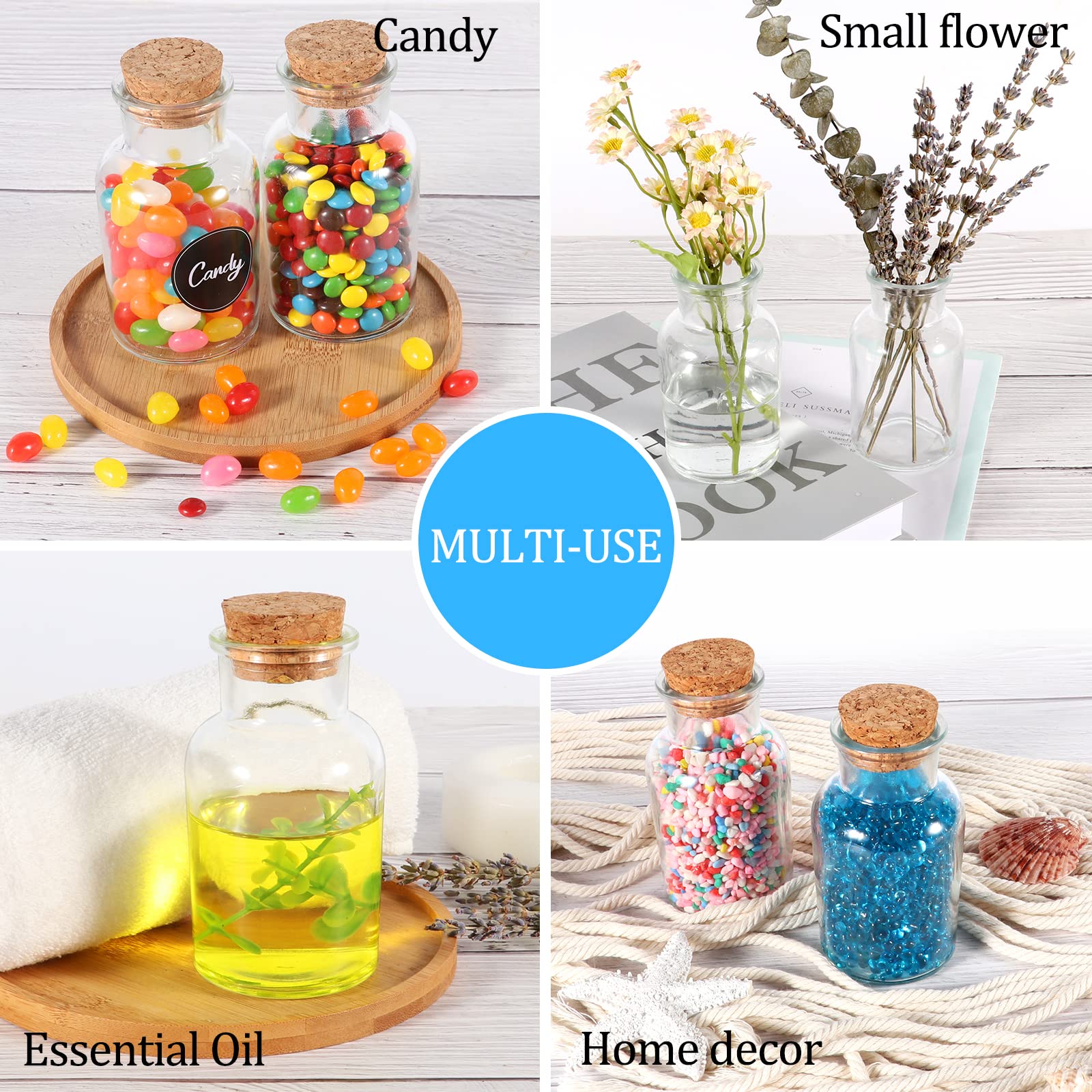 5oz Glass Bottles Jars with Cork Lids,15 Pack Spice Jars with Labels,150ml Kitchen Storage Jars Glass Canister for Herbs,Tea Leaves,Candy,Seasoning,DIY Crafts,Decorations