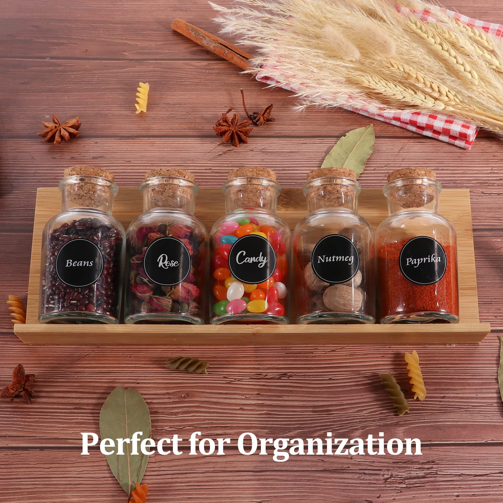 5oz Glass Bottles Jars with Cork Lids,15 Pack Spice Jars with Labels,150ml Kitchen Storage Jars Glass Canister for Herbs,Tea Leaves,Candy,Seasoning,DIY Crafts,Decorations
