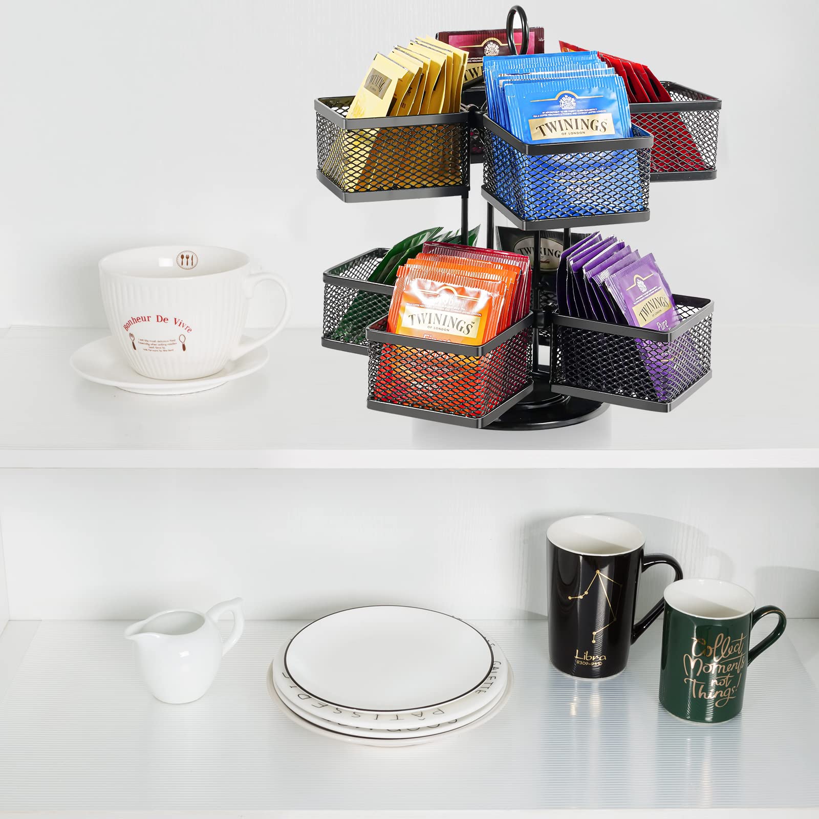 Puricon Non-Adhesive Shelf Liner Bundle with Tea Bag Organizer Storage Holder 360-Degrees Spinning Carousel