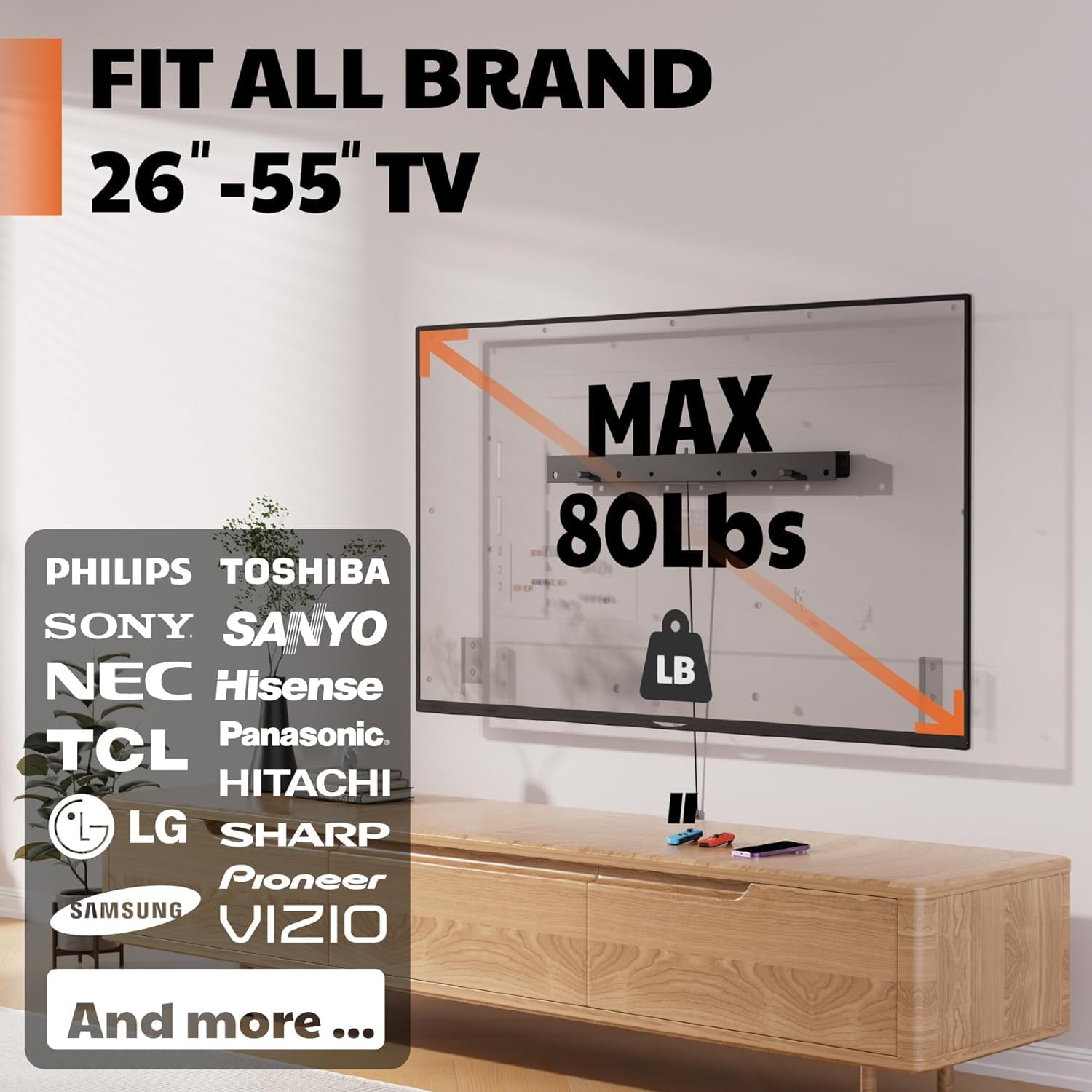 Studless TV Wall Mount, Heavy Duty Drywall TV Bracket Hanger for 26-55 inch Flat Screen TVs, No Stud, No Drill, No Anchors, Easy Install with All Hardware Included