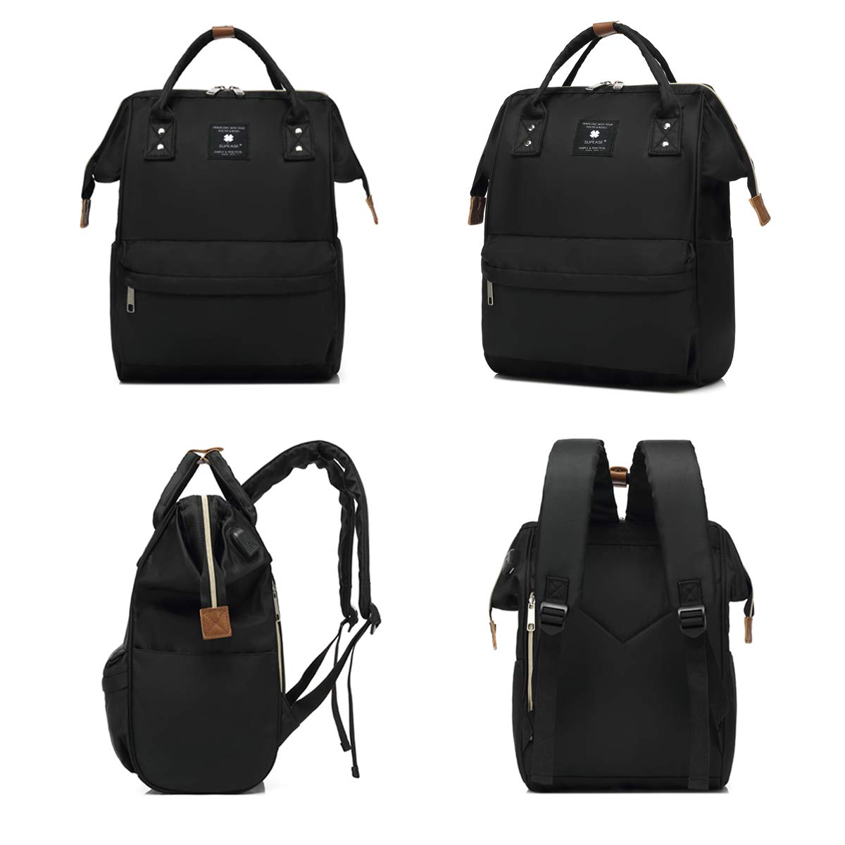 SUPEASE Laptop Backpack Casual Daypack Wide Opening 15.6" Laptop Bag Water Repellent Nylon Business Bag with USB Charging Port for Women&Men, Lightweight Travel Backpack for College/Travel/Business