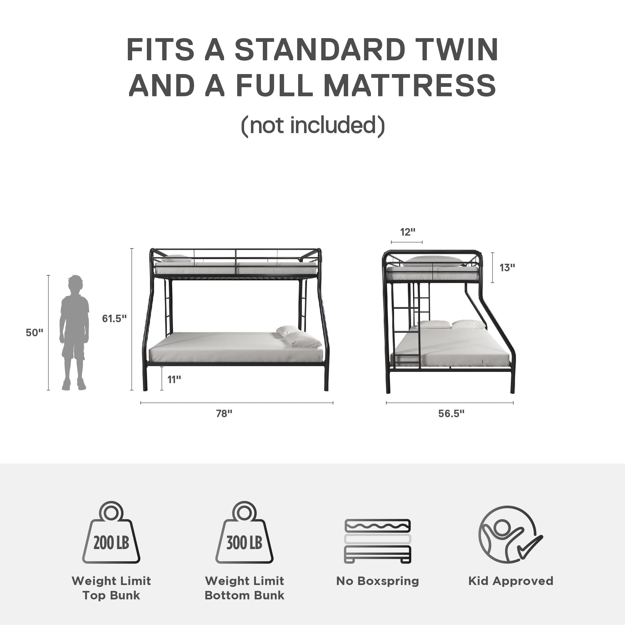 DHP Twin-Over-Full Bunk Bed with Metal Frame and Ladder, Space-Saving Design, Black