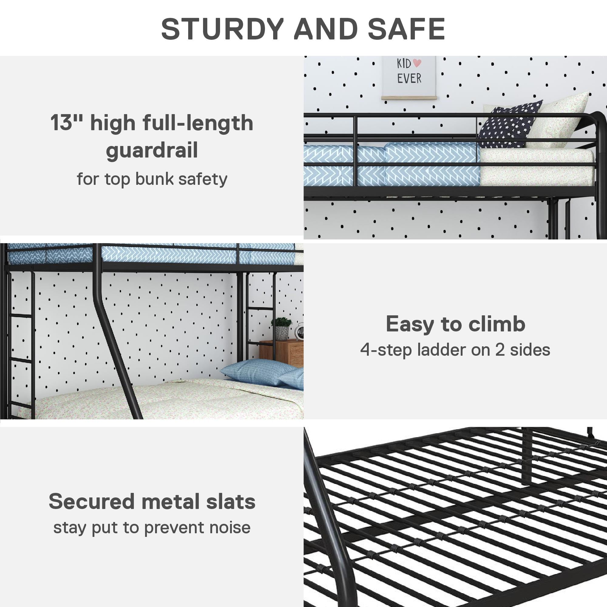 DHP Twin-Over-Full Bunk Bed with Metal Frame and Ladder, Space-Saving Design, Black