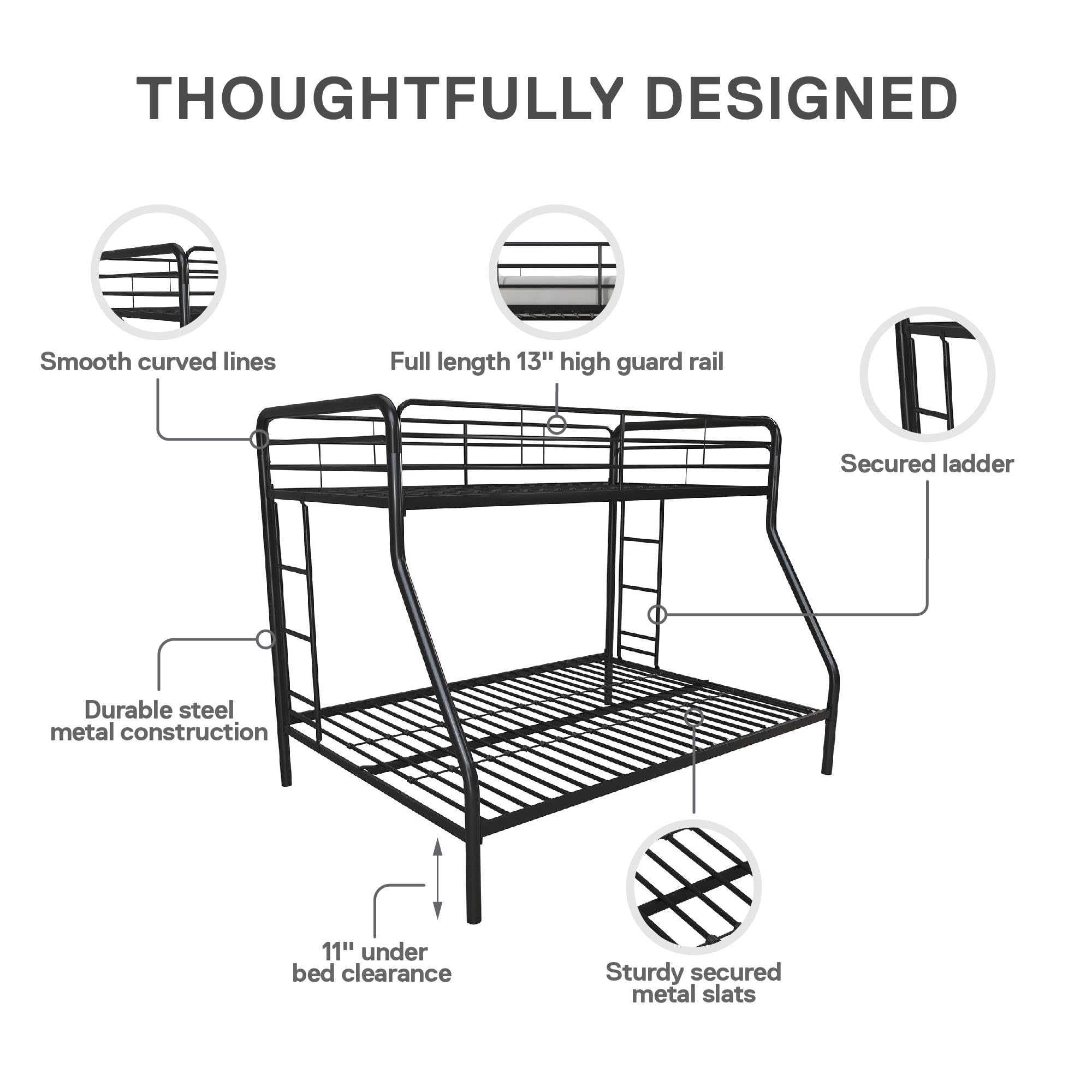 DHP Twin-Over-Full Bunk Bed with Metal Frame and Ladder, Space-Saving Design, Black