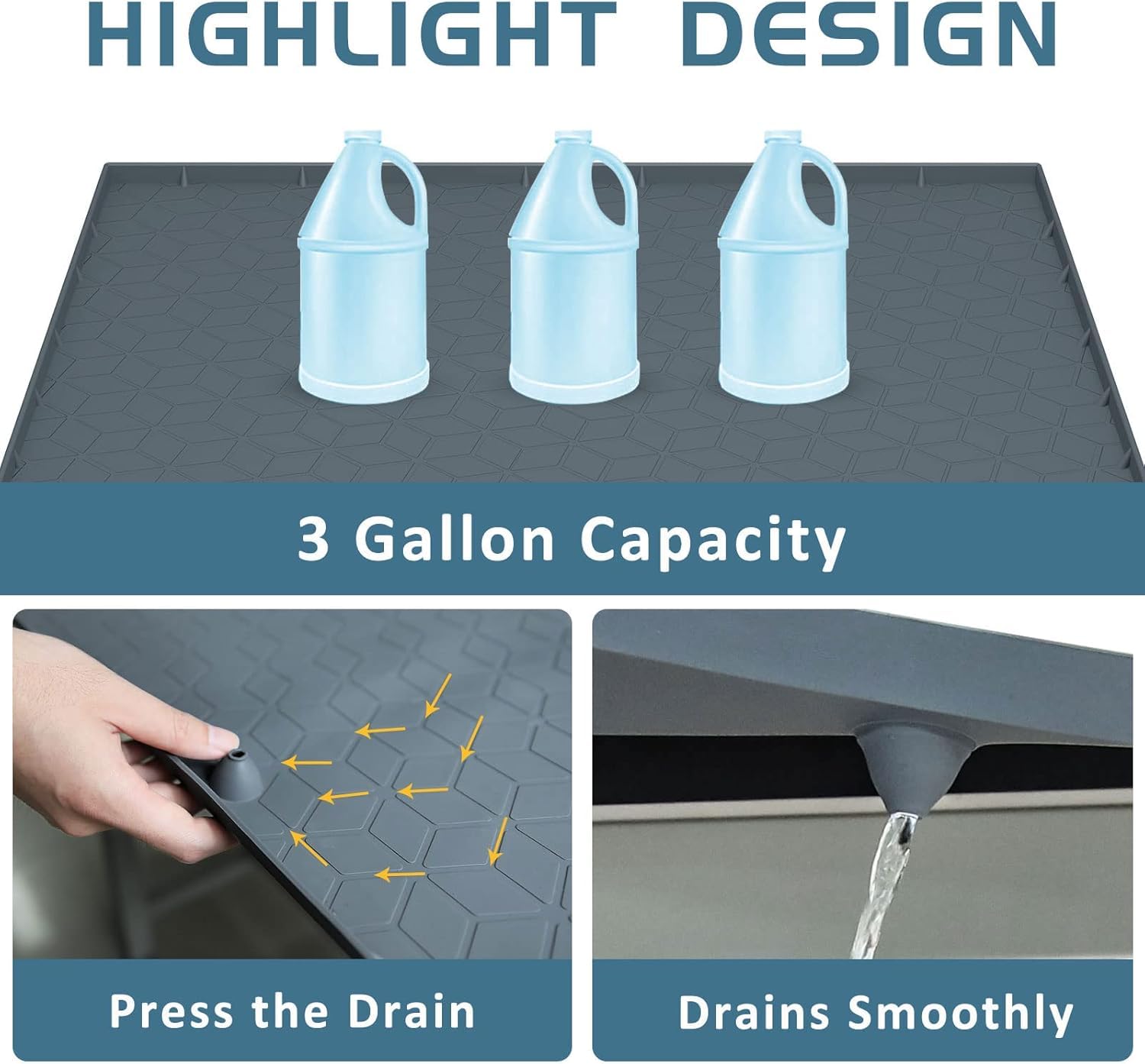 Under Sink Mat for Kitchen Waterproof ，34"x22" Silicone Under Sink Liner Drip Tray with Drain Hole ,Flexible Cabinet Mat and Protector for Kitchen Bathroom，Black