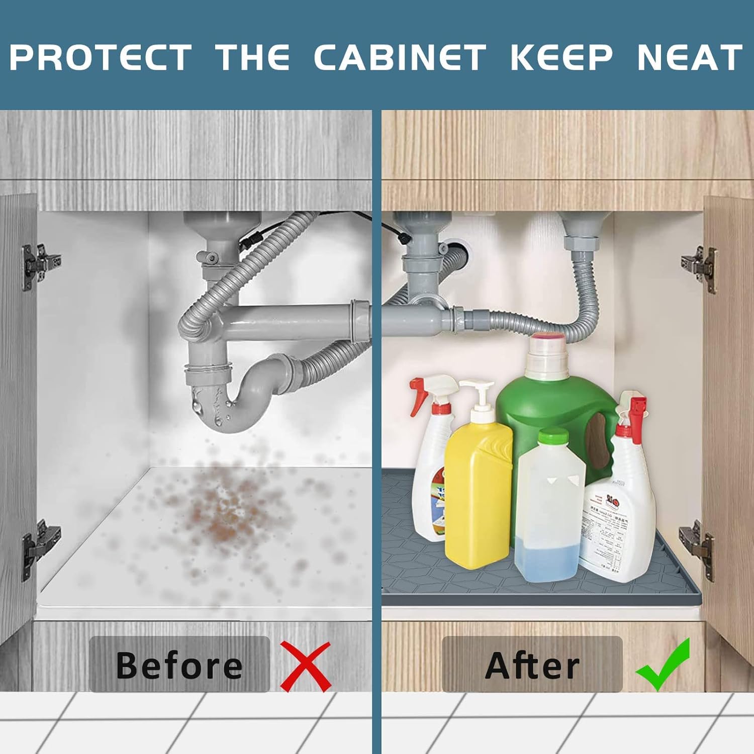 Under Sink Mat for Kitchen Waterproof ，34"x22" Silicone Under Sink Liner Drip Tray with Drain Hole ,Flexible Cabinet Mat and Protector for Kitchen Bathroom，Black