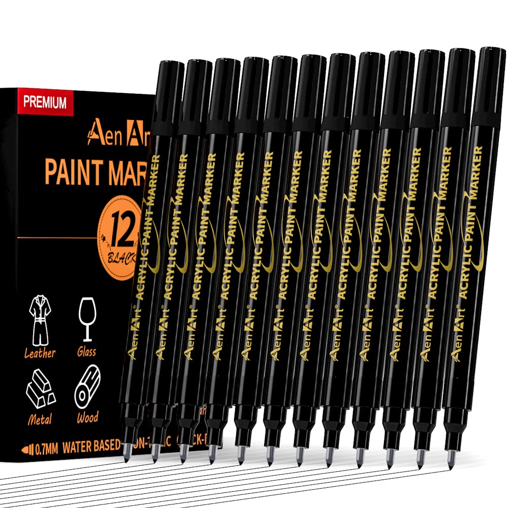 Black Paint Pens, 0.7mm Acrylic Paint Pens, 12 Pack Paint Markers for Wood Rock Plastic Glass Stone Metal Canvas Ceramic & DIY Mug Design, Fine Point