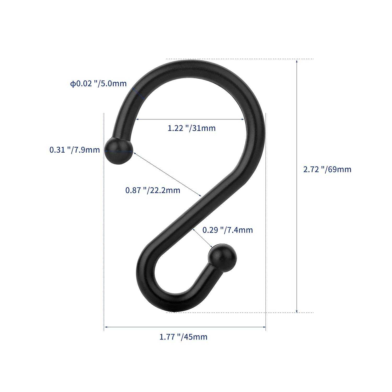 Metal Shower Curtain Hooks,Set of 12 Rings,Rust Resistant S Shaped Hooks Hangers for Shower Curtains, Kitchen Utensils, Clothing, Towels, etc. (Black)