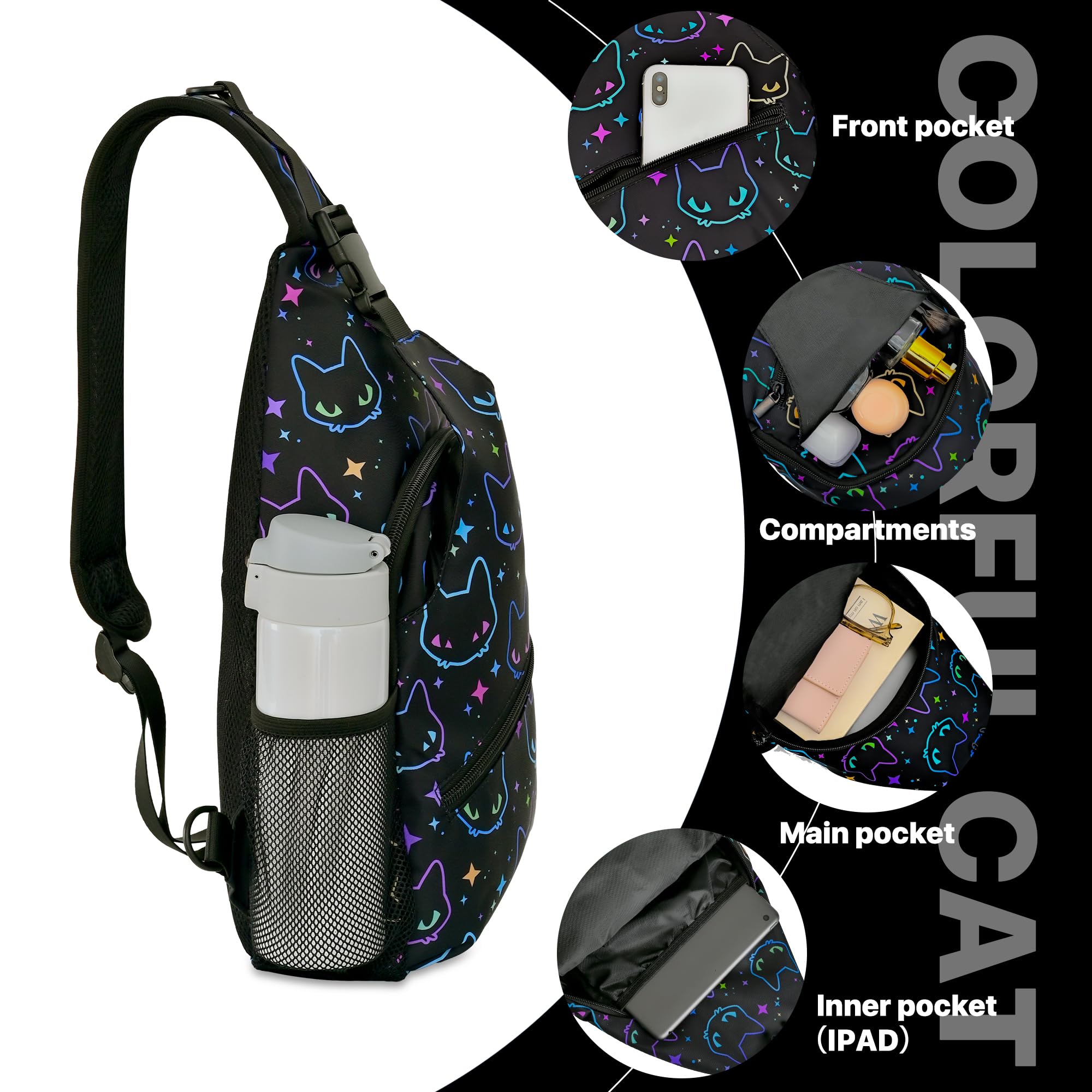 Jumou Colorful Cat Sling Bag Crossbody Women Men Travel Chest Backpack Leisure Sports Outdoor Running Hiking One Size