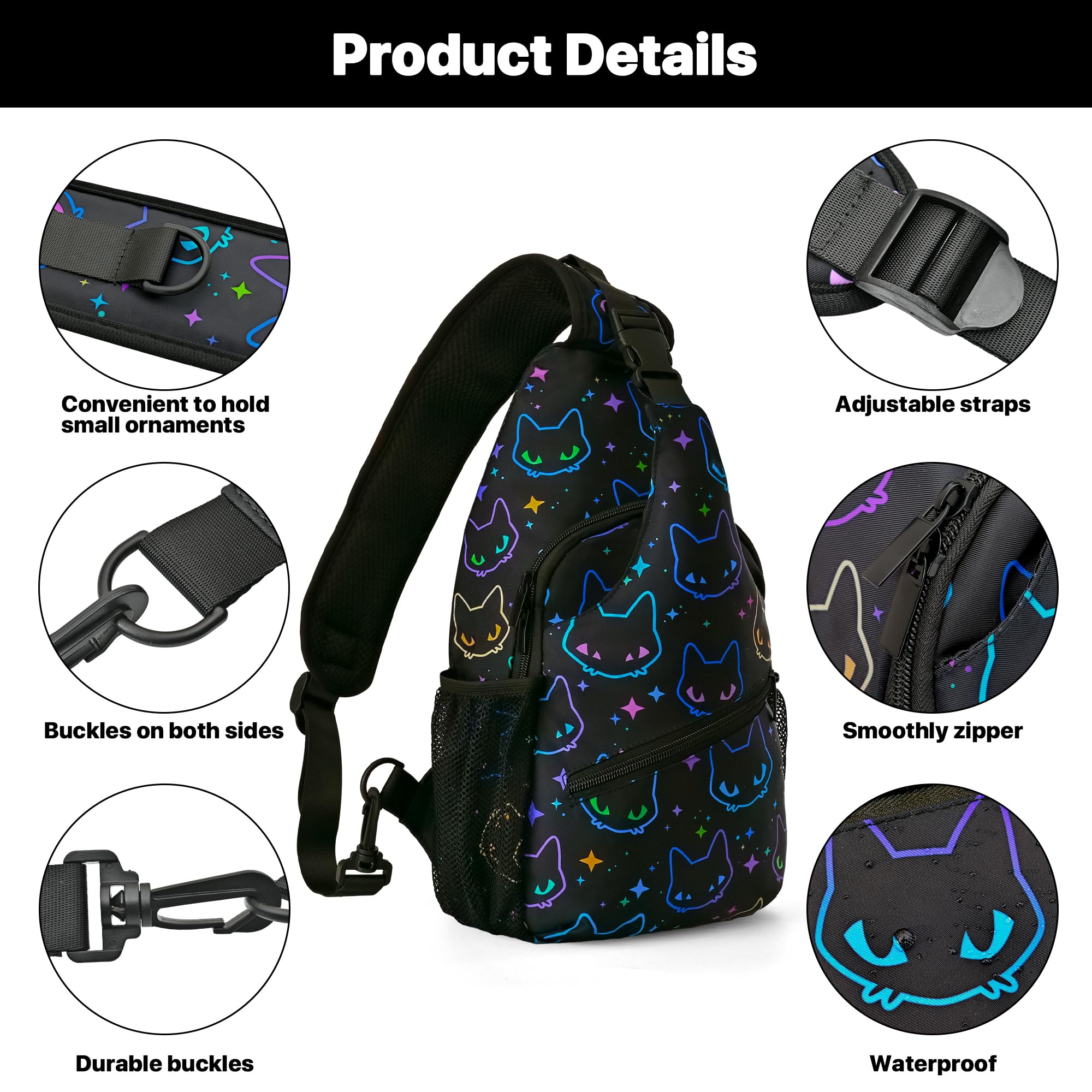Jumou Colorful Cat Sling Bag Crossbody Women Men Travel Chest Backpack Leisure Sports Outdoor Running Hiking One Size