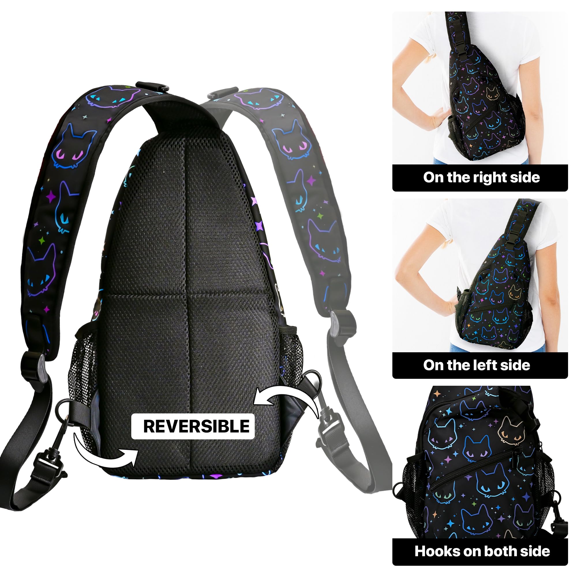 Jumou Colorful Cat Sling Bag Crossbody Women Men Travel Chest Backpack Leisure Sports Outdoor Running Hiking One Size