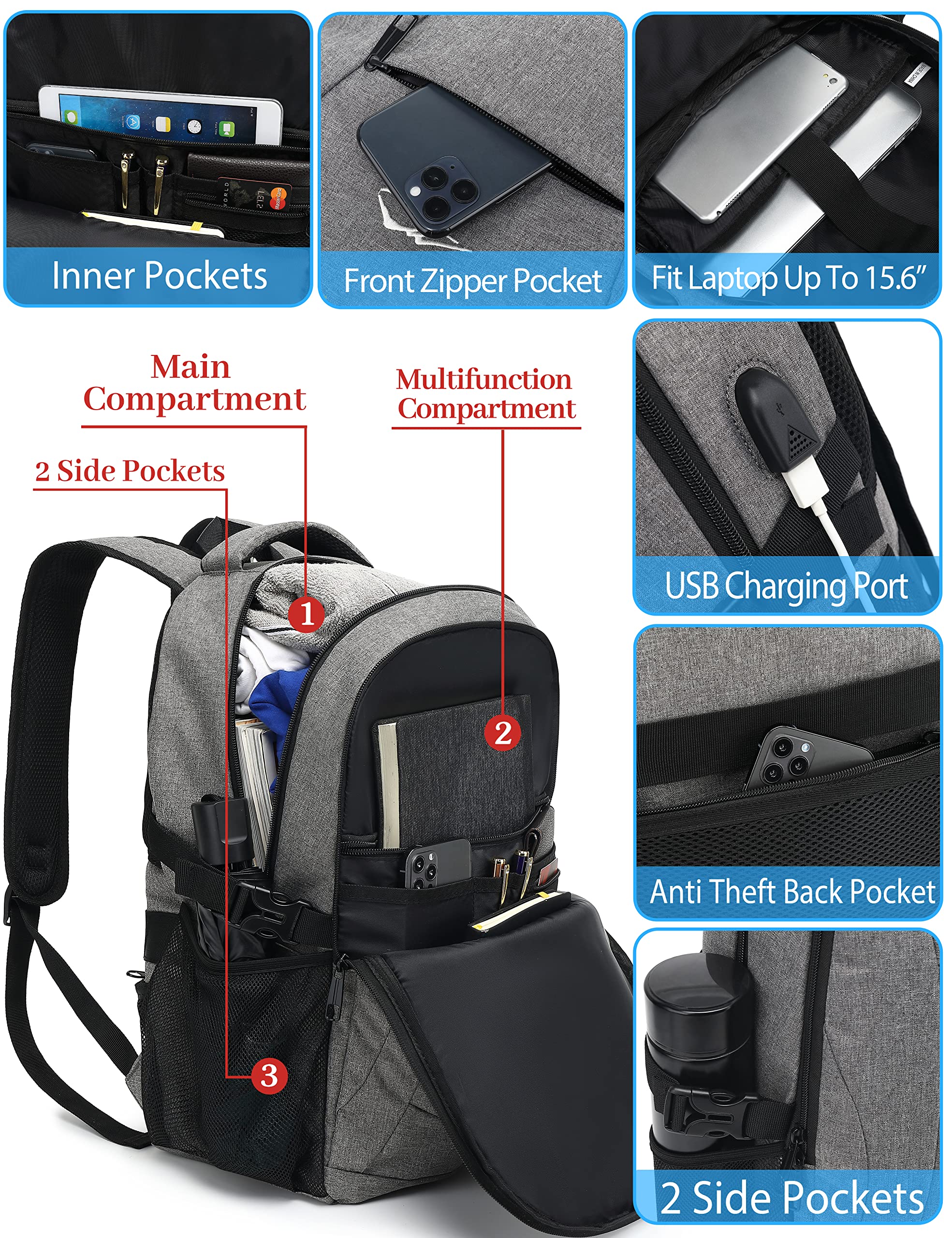 ProEtrade Laptop Backpack, Business Travel Anti Theft Bookbag with USB Charging Port for School College Work Computer Bag Daypack Fit 15.6 Inch Notebook, Gifts for Men Women Teen (Grey)