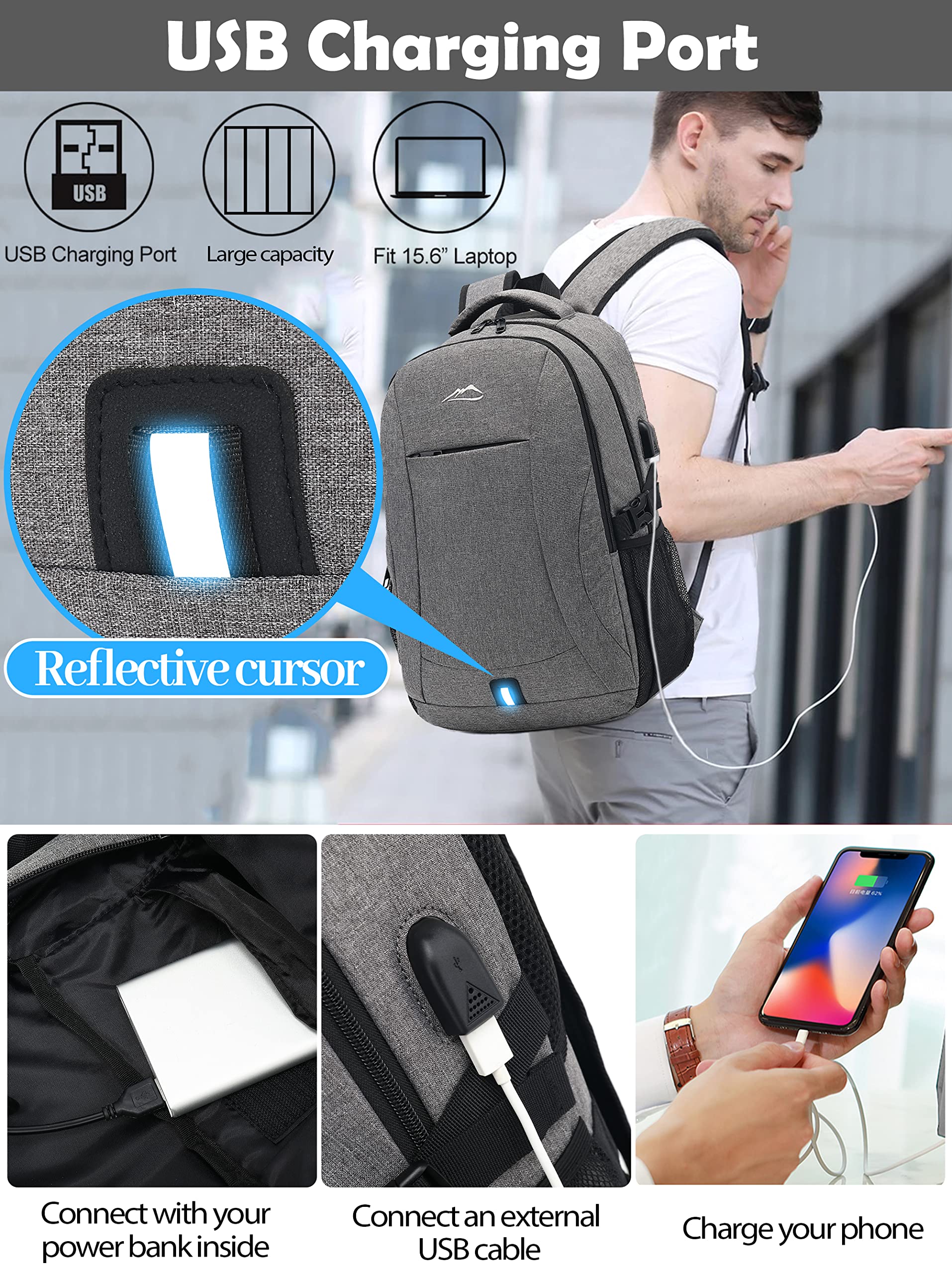 ProEtrade Laptop Backpack, Business Travel Anti Theft Bookbag with USB Charging Port for School College Work Computer Bag Daypack Fit 15.6 Inch Notebook, Gifts for Men Women Teen (Grey)