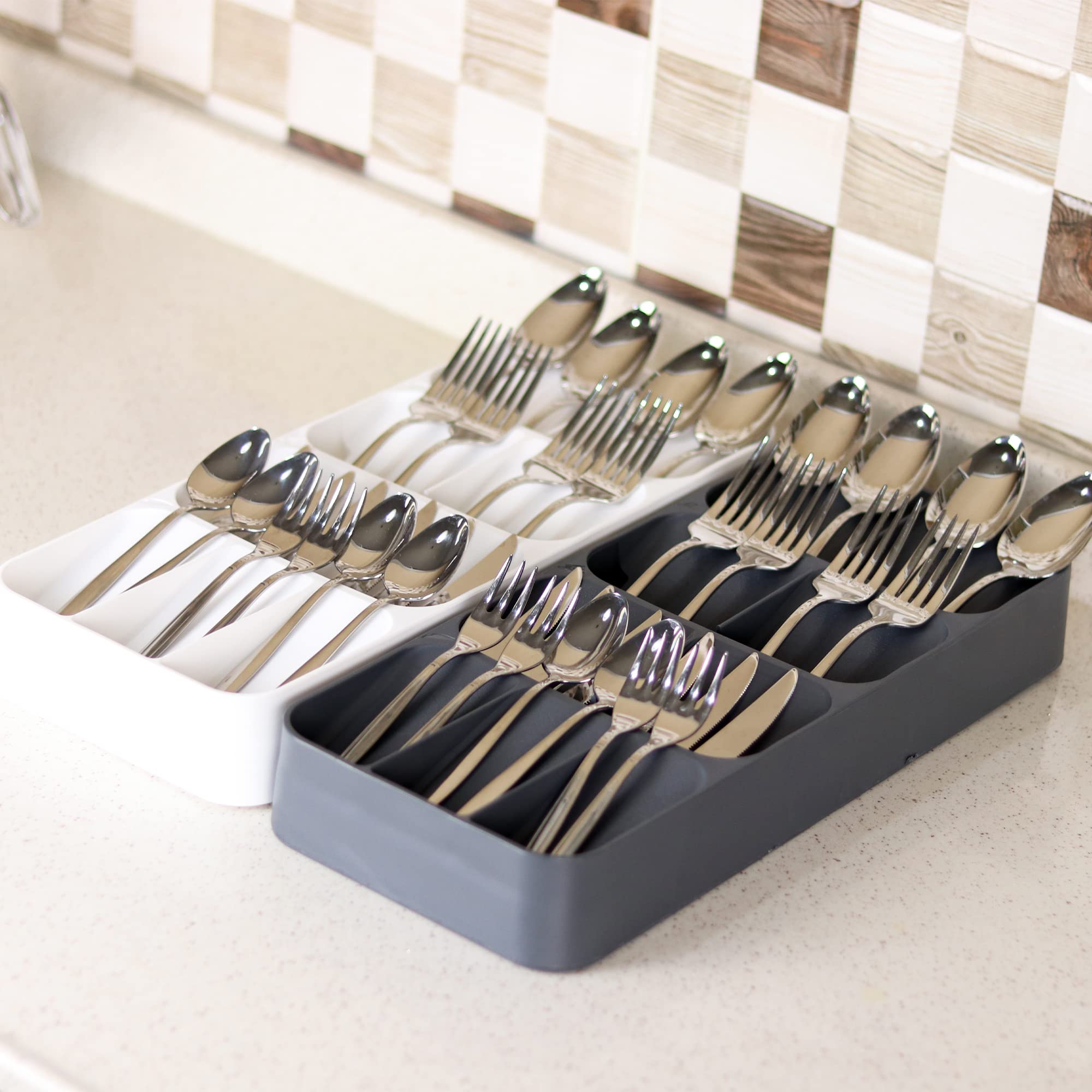 DecoBella Compact Cutlery Organizer, 9-Cells Silverware Flatware Dinner Cutlery Organizer Storage Tray, Space Saver Durable Kitchen Drawer Tray for Spoons Forks Knives (Grey)