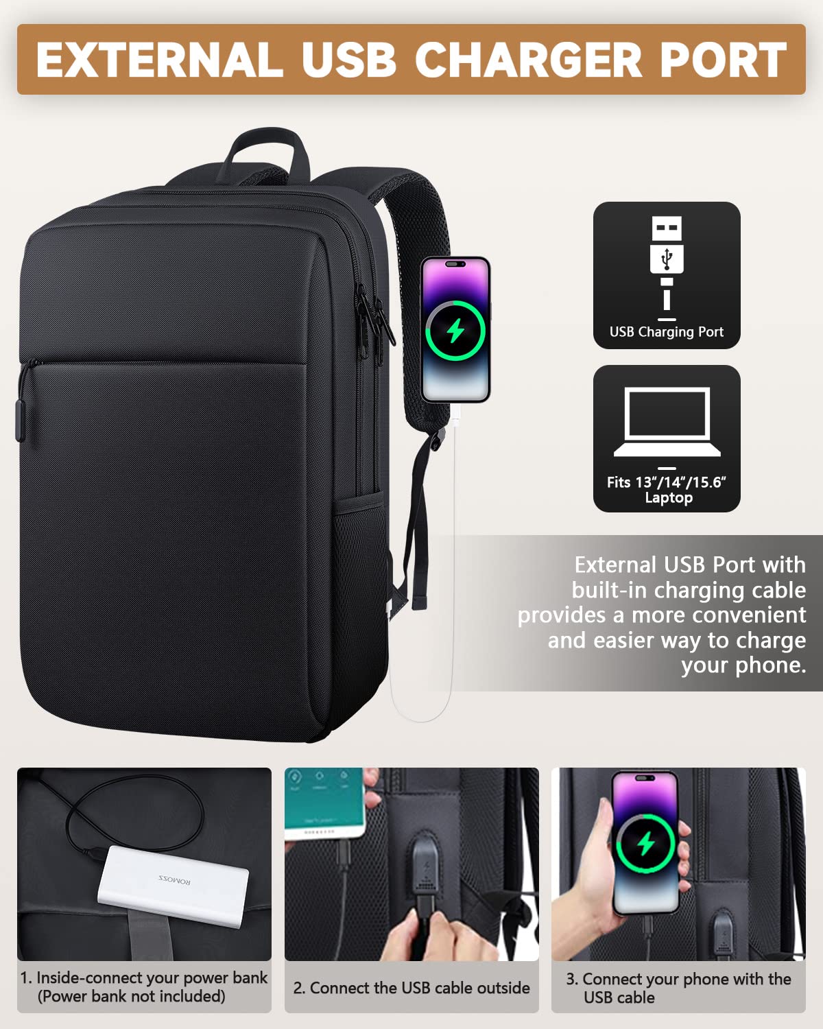 Laptop Backpack 15.6 Inch, Business Durable Lightweight Slim Laptop Tablet Backpack Airline Approved with USB Charging Port, College School Computer Work Bag Bookbag Tech Gifts for Men Women, Black