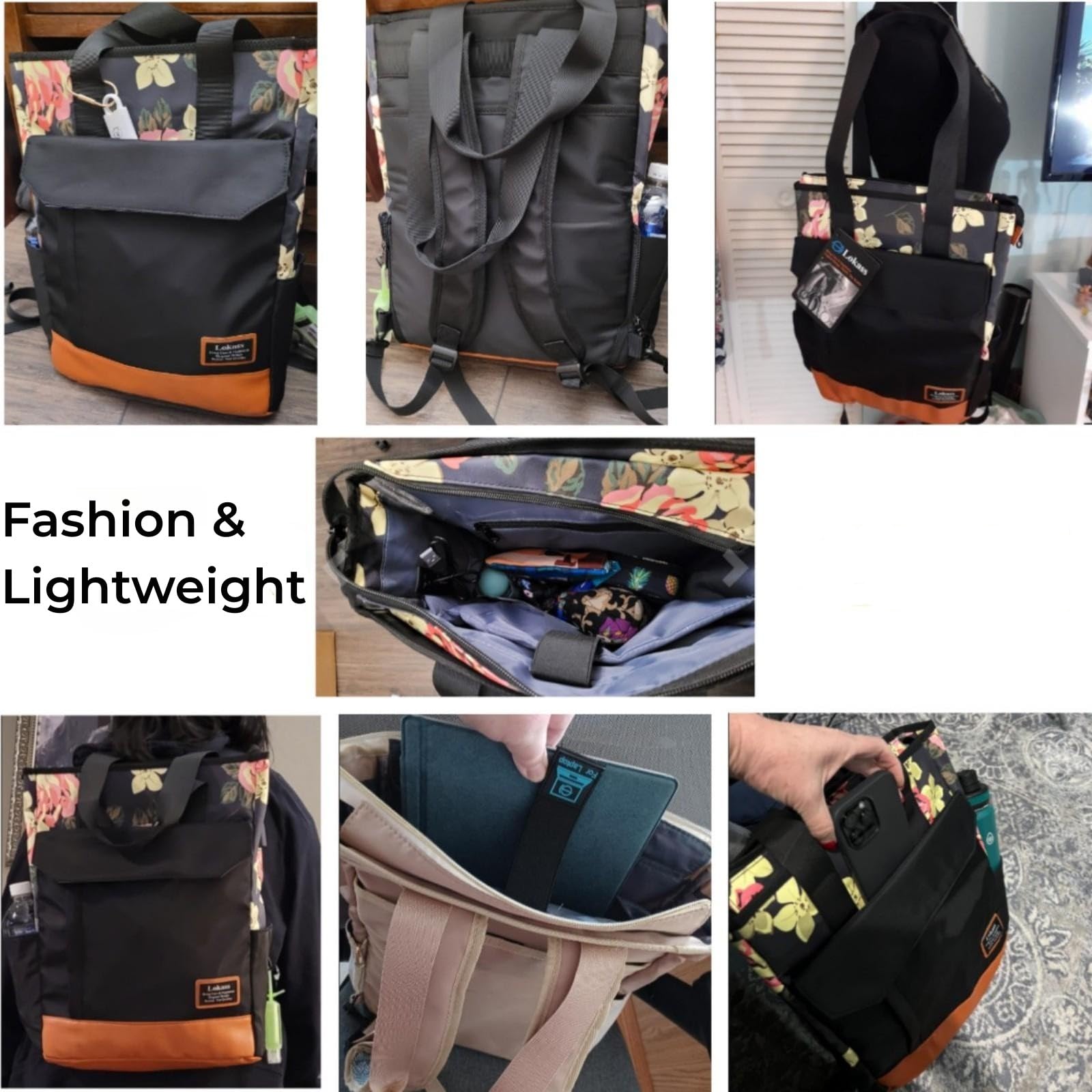 LOKASS Convertible Backpack Tote Bag丨 Slim Work Daypack For Women丨Commuter Laptop Backpacks School 丨Tote Bags For School/College/Travel 丨Fits 15.6 Inch Laptop, Black with Peony