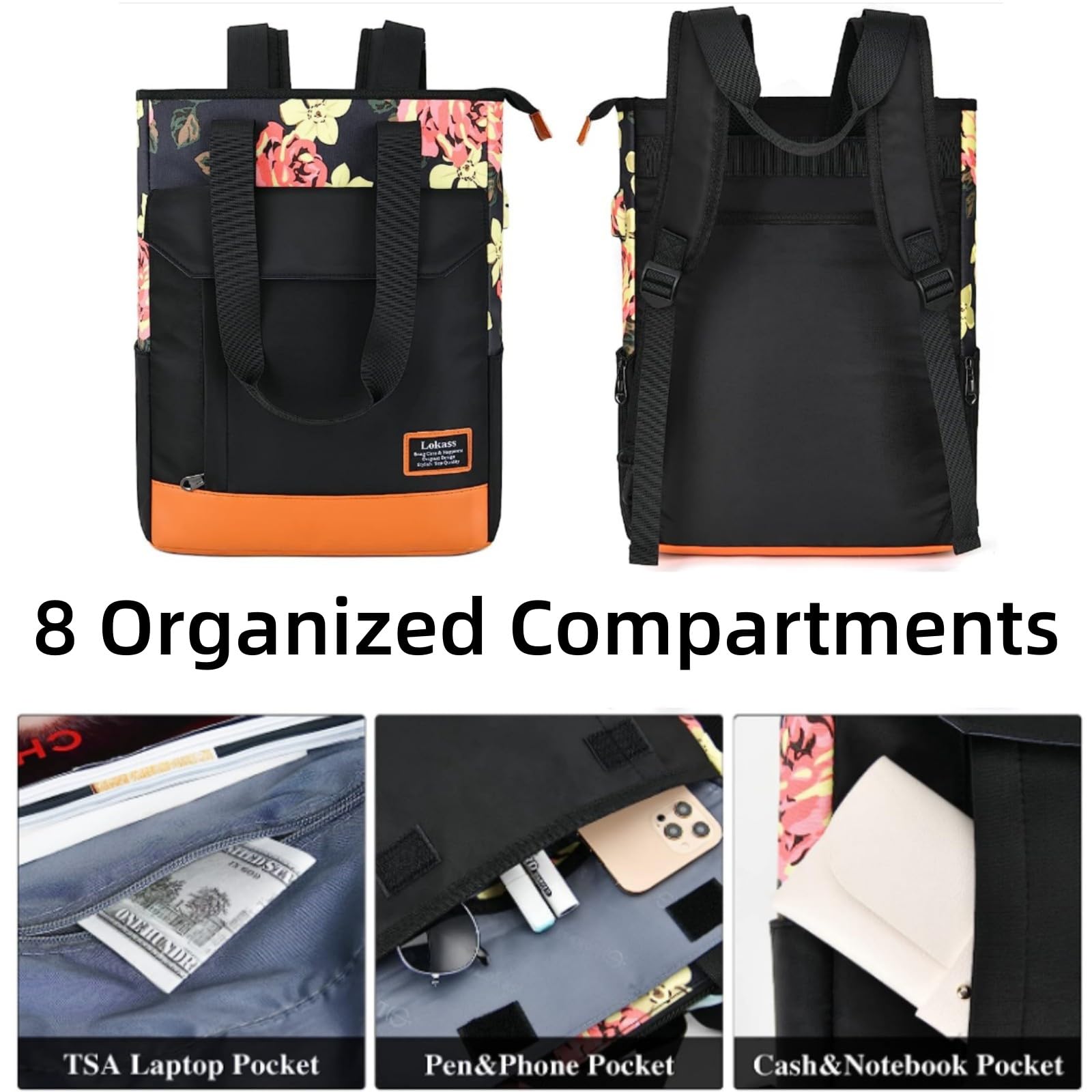 LOKASS Convertible Backpack Tote Bag丨 Slim Work Daypack For Women丨Commuter Laptop Backpacks School 丨Tote Bags For School/College/Travel 丨Fits 15.6 Inch Laptop, Black with Peony