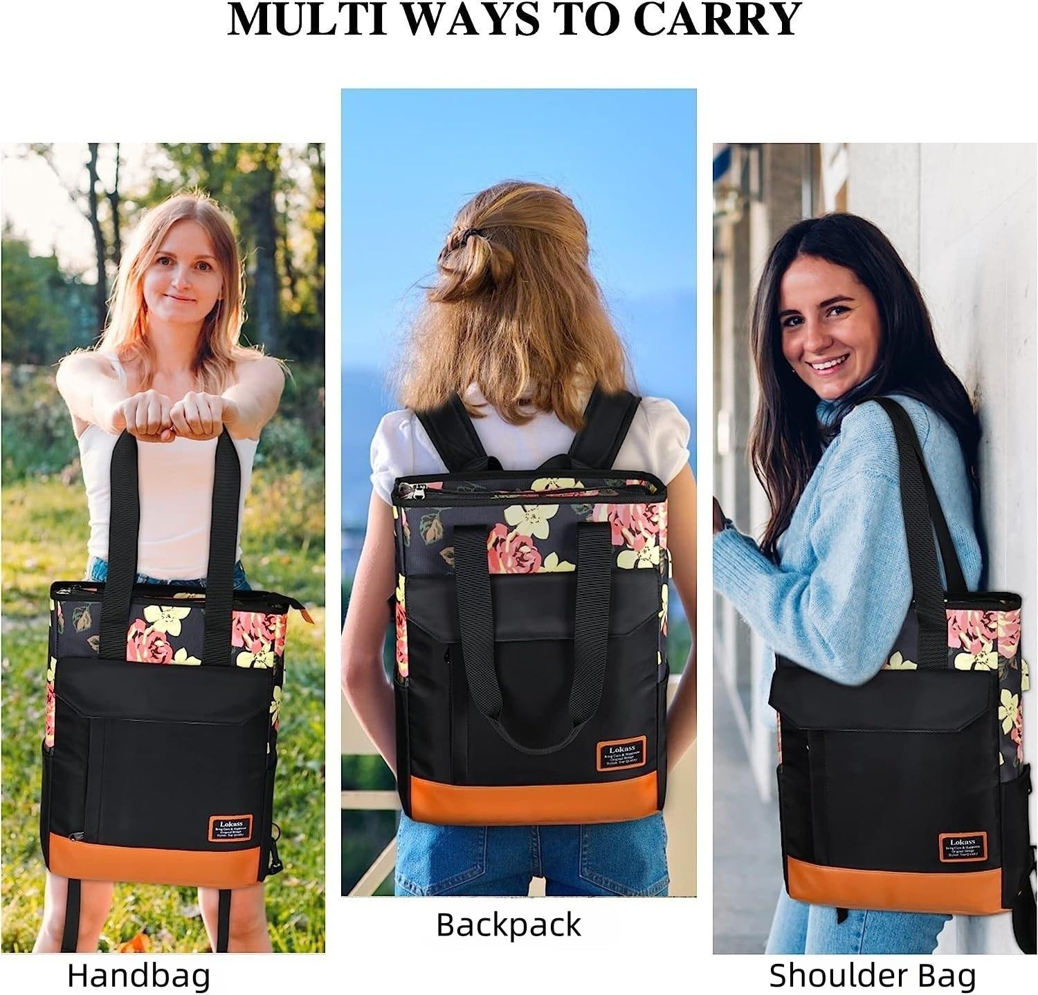 LOKASS Convertible Backpack Tote Bag丨 Slim Work Daypack For Women丨Commuter Laptop Backpacks School 丨Tote Bags For School/College/Travel 丨Fits 15.6 Inch Laptop, Black with Peony