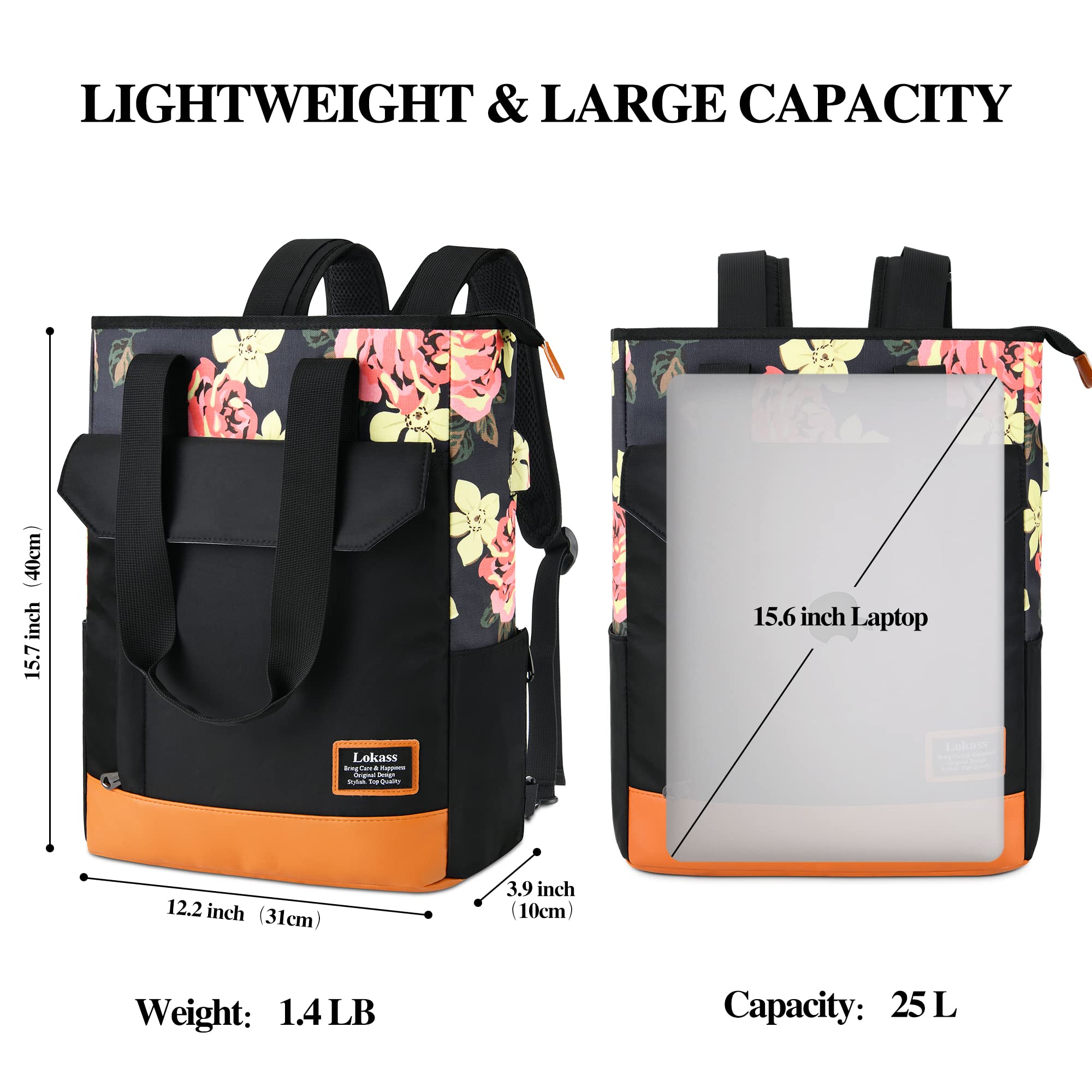 LOKASS Convertible Backpack Tote Bag丨 Slim Work Daypack For Women丨Commuter Laptop Backpacks School 丨Tote Bags For School/College/Travel 丨Fits 15.6 Inch Laptop, Black with Peony