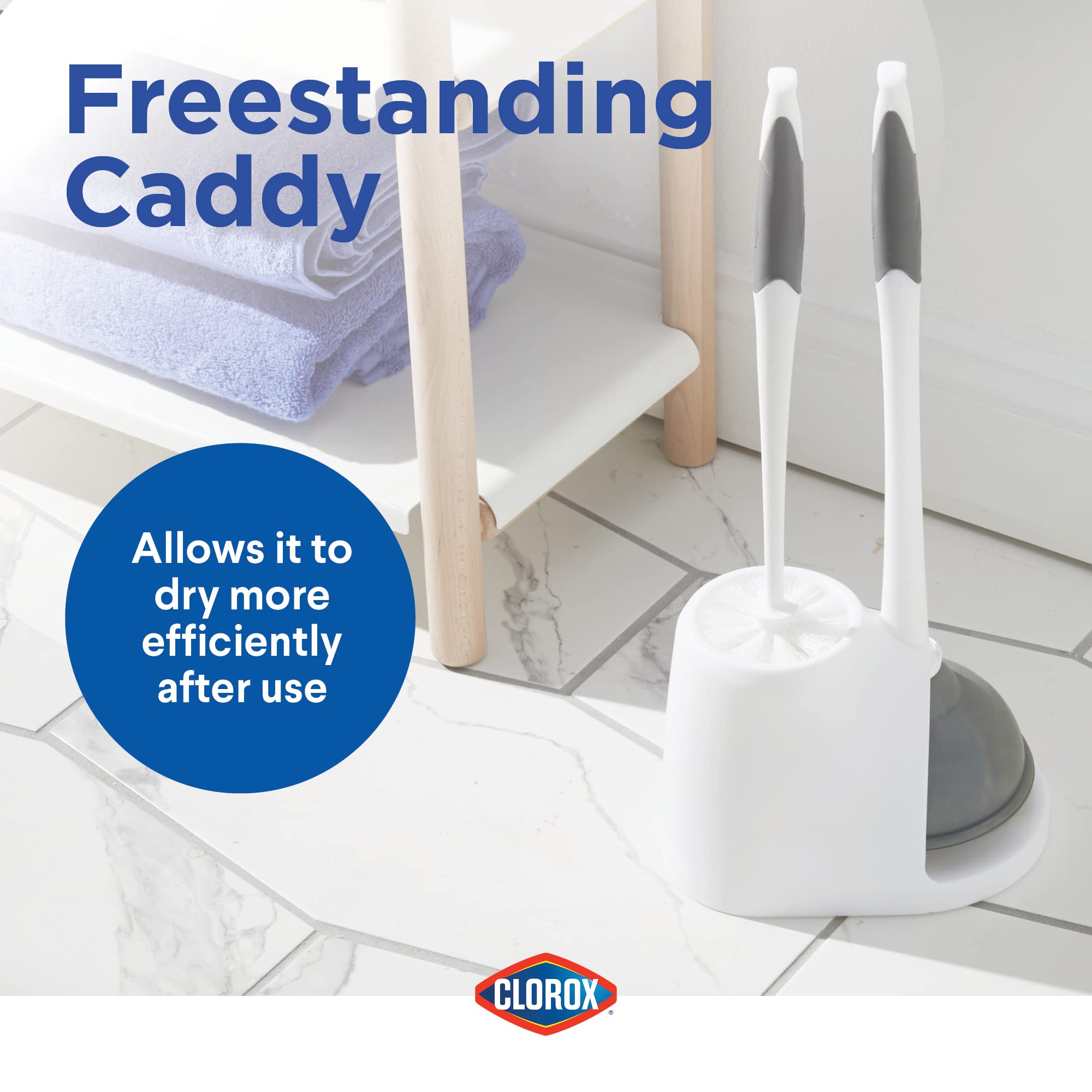 Clorox Toilet Plunger and Bowl Brush Combo Set with Caddy, White/Gray