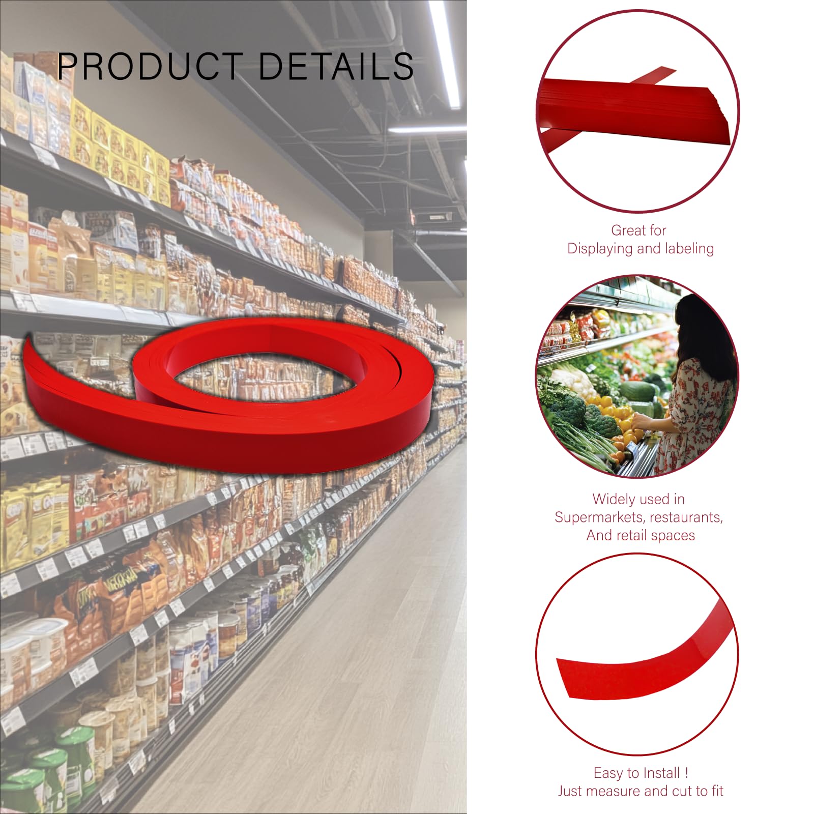 Decorative Gondola Shelving Pre Cut Vinyl Insert Strips 48" x 1.25" Shelf C-Channel, Red, 100 Pack