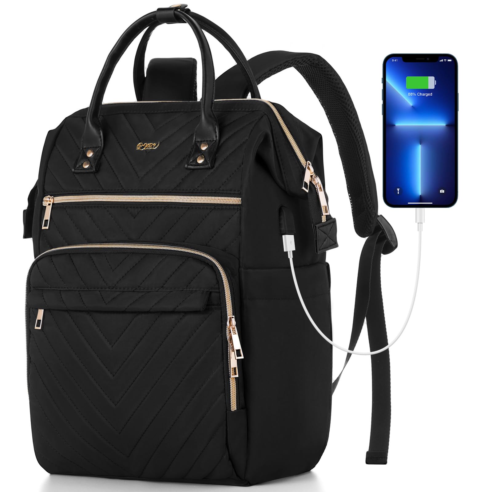 RJEU Women Computer Bags,Work Bag School Bookbag for Nurses Teacher,College Backpack Purse for Girls Travel Causual Commuter Mochilas de Mujer,Black