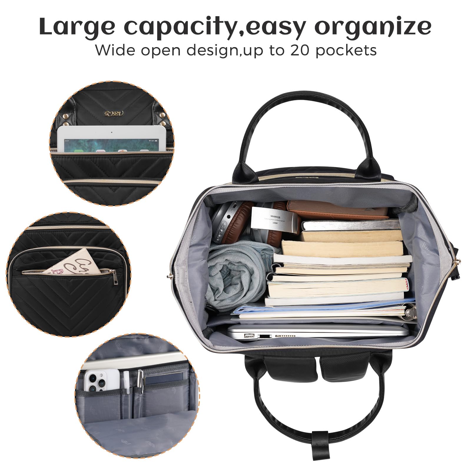 RJEU Women Computer Bags,Work Bag School Bookbag for Nurses Teacher,College Backpack Purse for Girls Travel Causual Commuter Mochilas de Mujer,Black