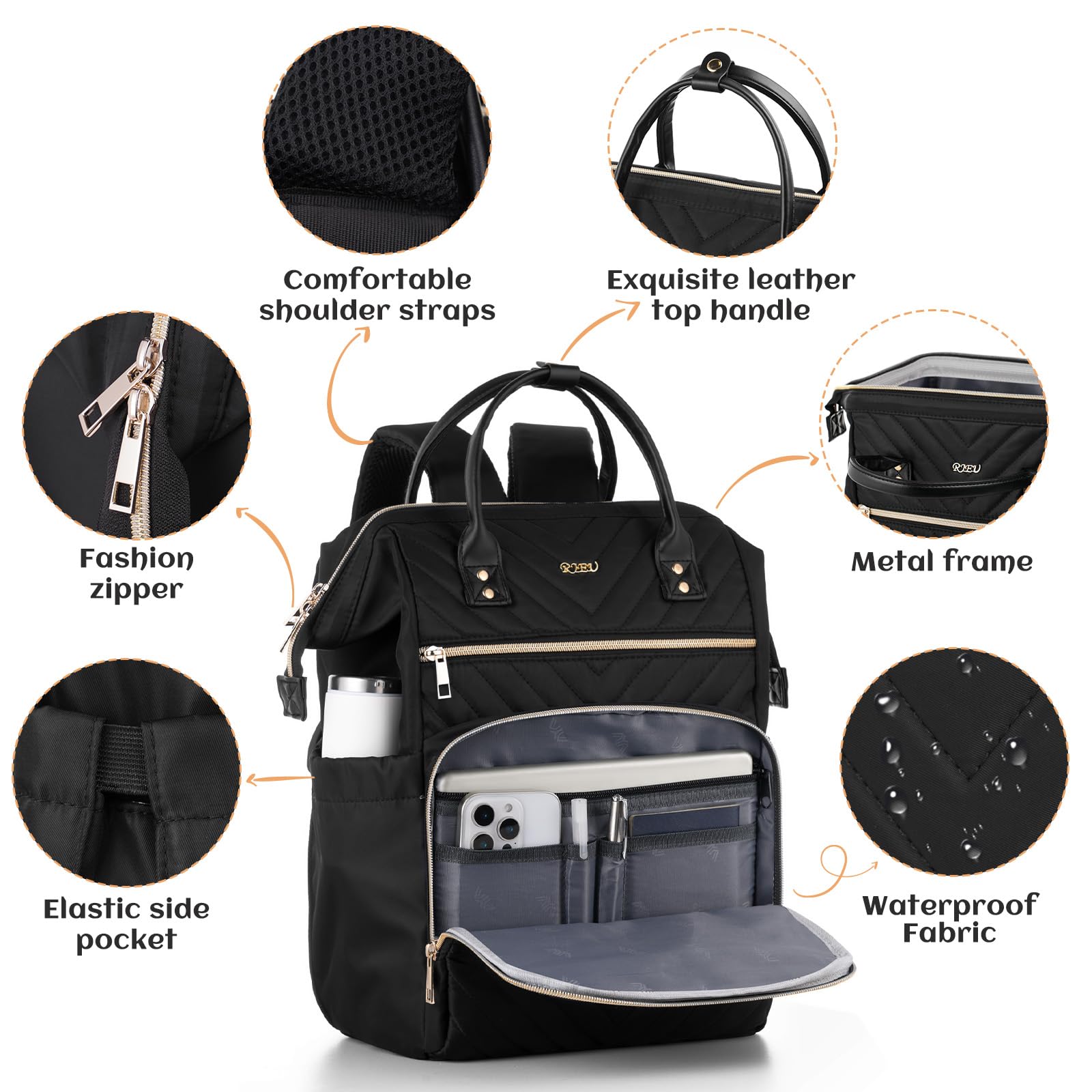 RJEU Women Computer Bags,Work Bag School Bookbag for Nurses Teacher,College Backpack Purse for Girls Travel Causual Commuter Mochilas de Mujer,Black