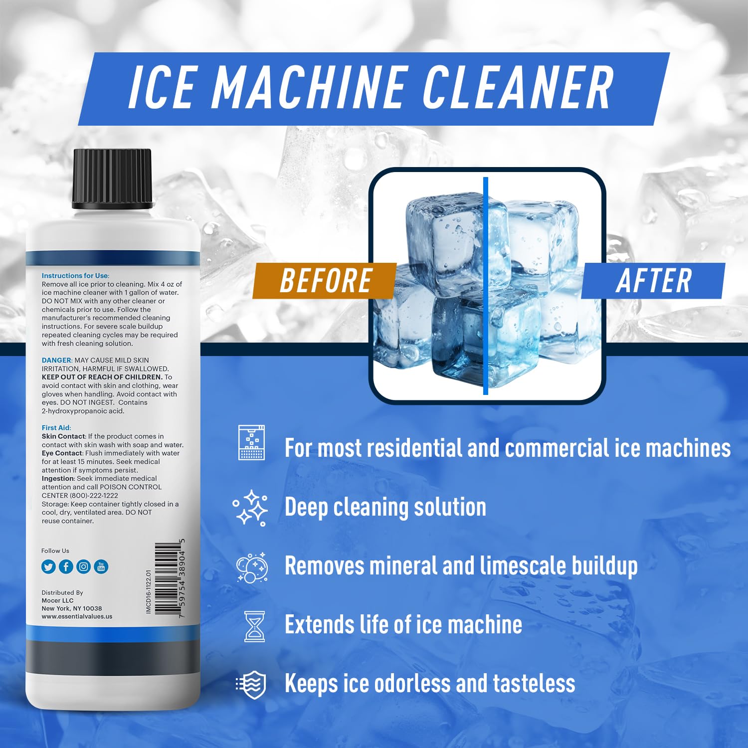 Essential Values Ice Machine Cleaner 16 fl oz, Nickel Safe Descaler | Ice Maker Cleaner Compatible with: Whirlpool 4396808, Manitowac, Ice-O-Matic, Scotsman, Follett & More! - Made in USA
