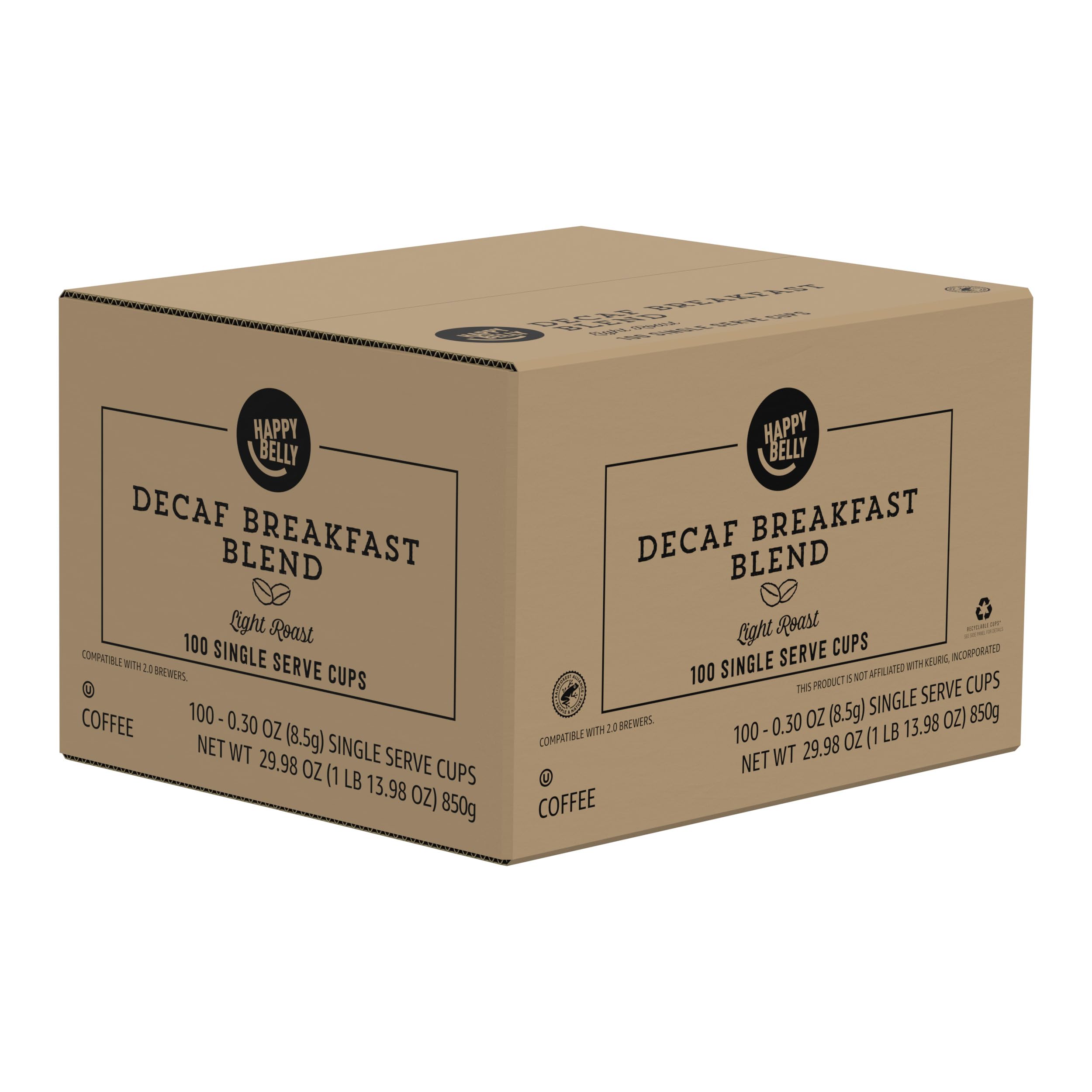 Amazon Brand - Happy Belly Decaf Light Roast Coffee Pods, Breakfast Blend, Compatible with Keurig 2.0 K-Cup Brewers