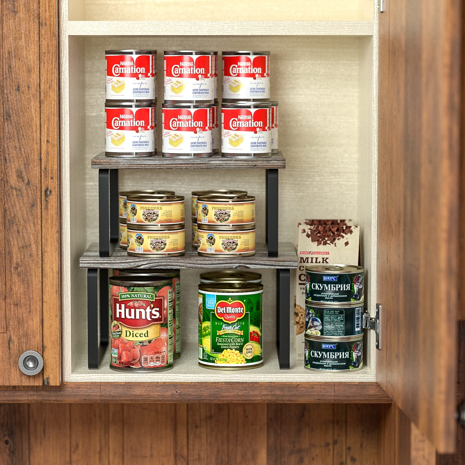 JACKCUBE Design Kitchen Cabinet Shelf Organizer, Countertop Riser, Wood Plate Pantry Shelves Storage, Stackable, Expandable, Metal and Rustic Wood, Set of 2 - MK617A