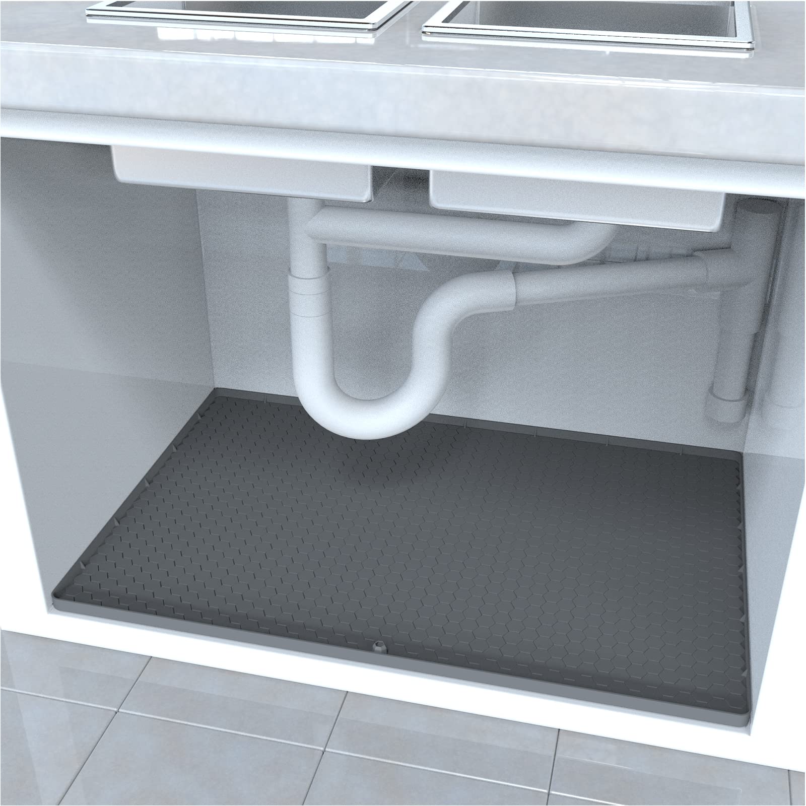 Under Sink Mat Kitchen & Bathroom Cabinet Liner, Waterproof 34”x22” Silicone Under Kitchen Sink Liner Mat with Drain Hole (Grey)