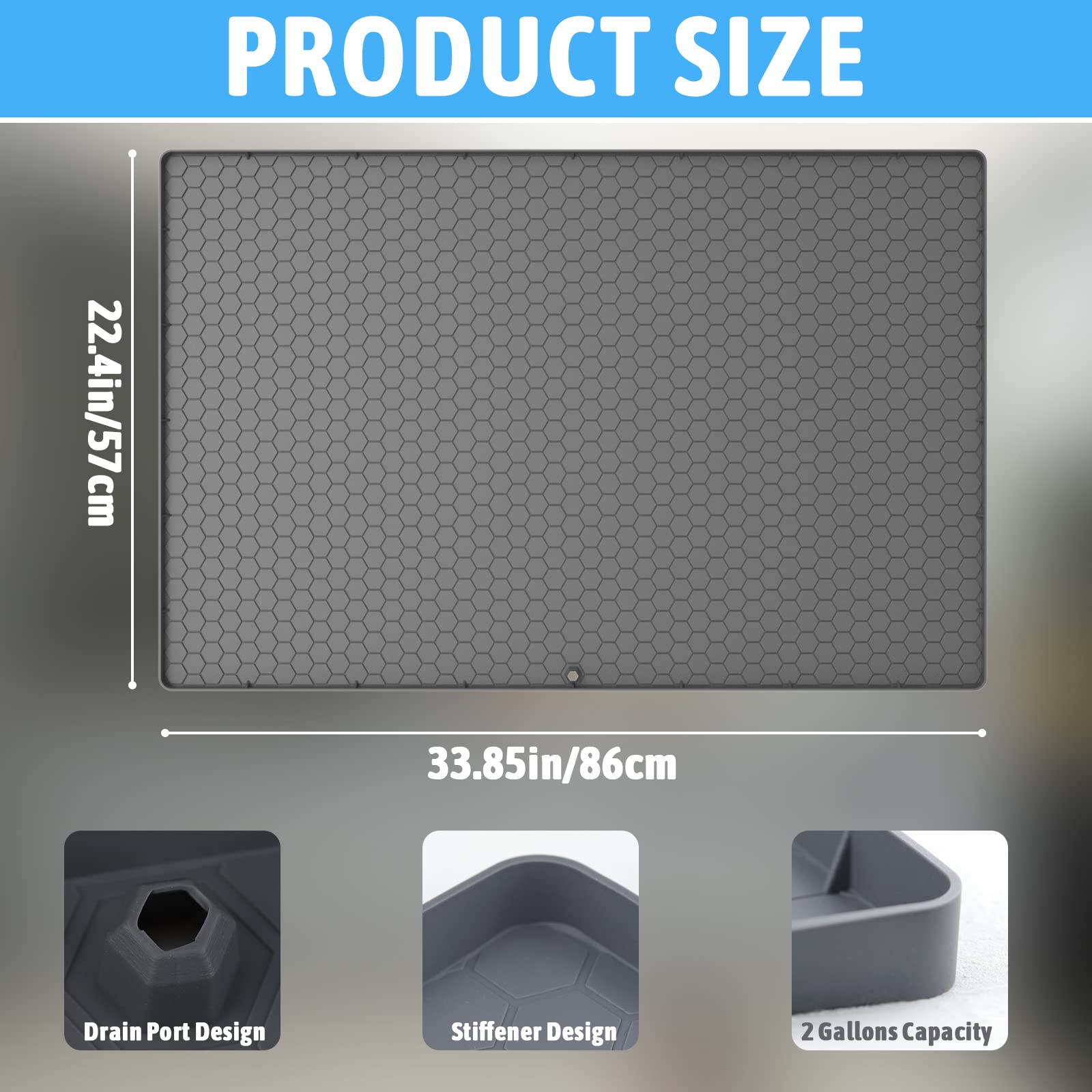 Under Sink Mat Kitchen & Bathroom Cabinet Liner, Waterproof 34”x22” Silicone Under Kitchen Sink Liner Mat with Drain Hole (Grey)