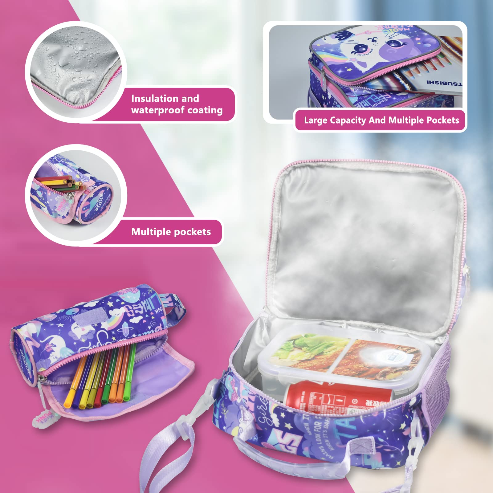 16 Inch Girls Backpack with Lunch Box and Pencil Case Cute Cat Backpack for Girls Kawaii Kids Backpack with Lunch Box for Elementary Kindergarten