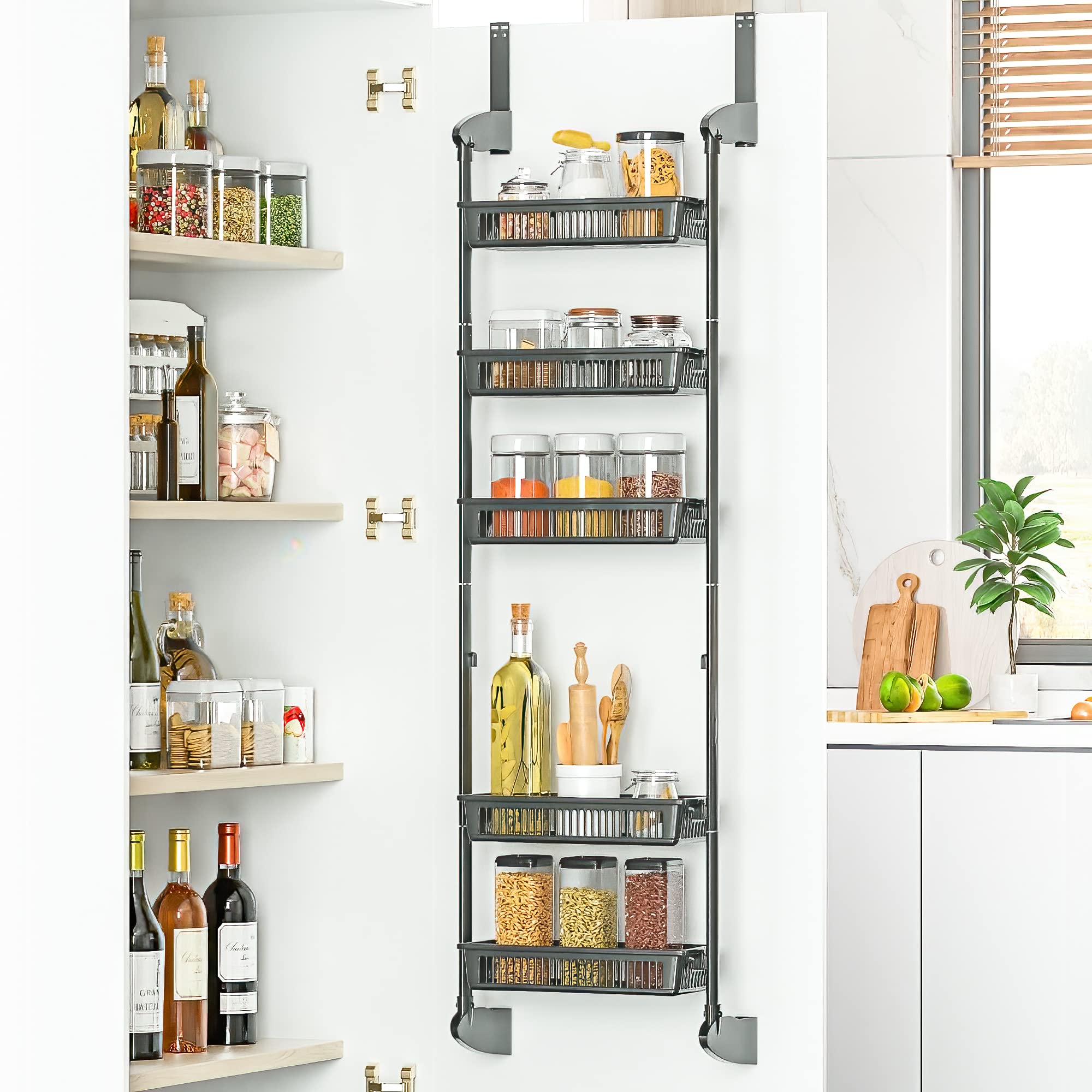 keren Over The Door Pantry Organizer - 6-Tier Home Organization Steel & Resin Construction with Sturdy Hooks Hanging, Cans, Spice, Storage, Closet, Black, 18.5x59.5