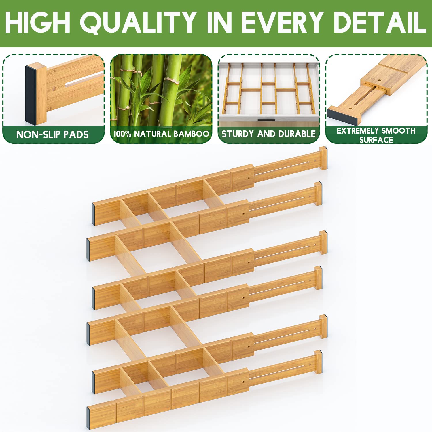 Toydoooco Bamboo Drawer Dividers with 12 Inserts,16.3-22inches,Expandable Kitchen Drawer Organizer ,Adjustable Drawer Separators for Bedroom Bathroom Dresser 6 Pack