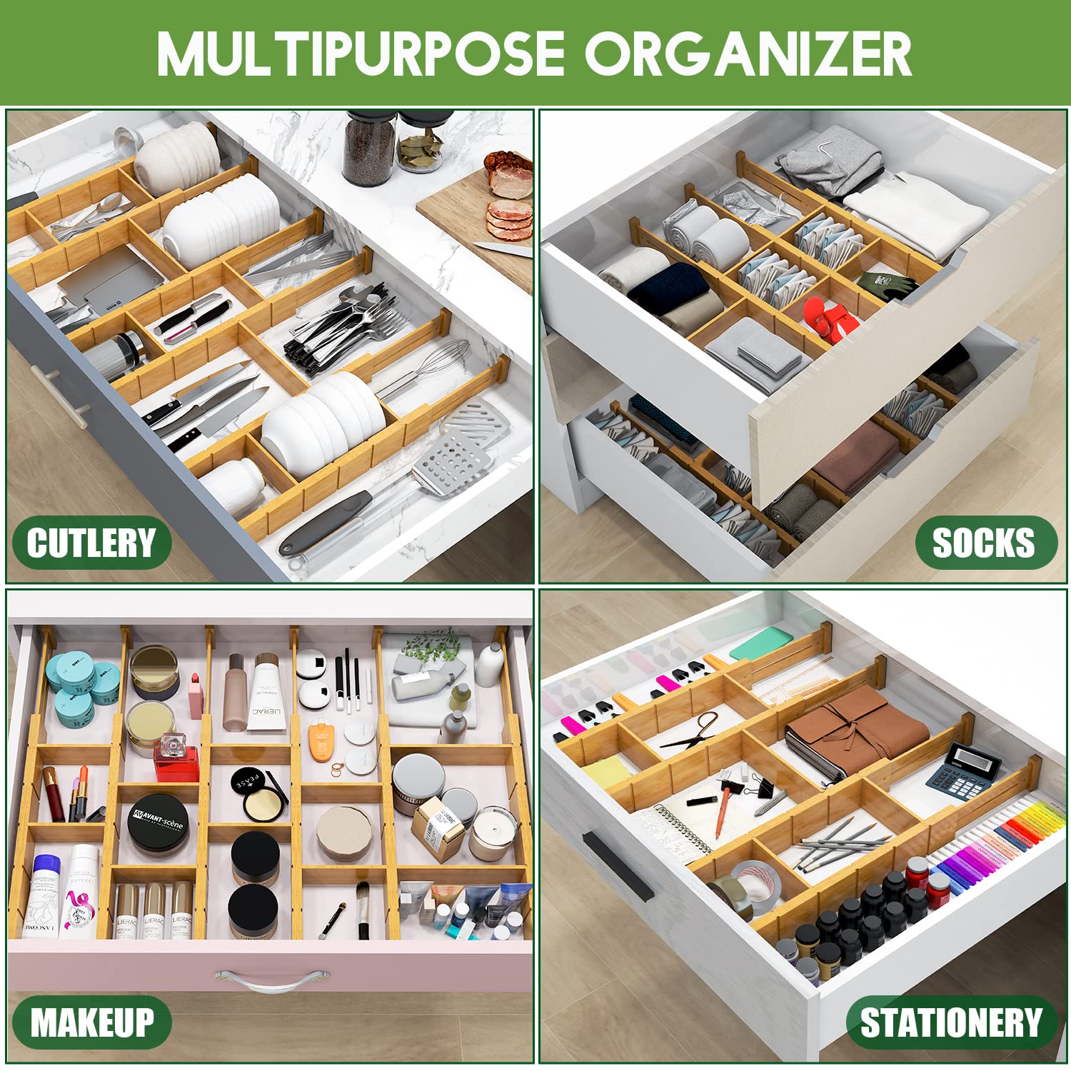 Toydoooco Bamboo Drawer Dividers with 12 Inserts,16.3-22inches,Expandable Kitchen Drawer Organizer ,Adjustable Drawer Separators for Bedroom Bathroom Dresser 6 Pack