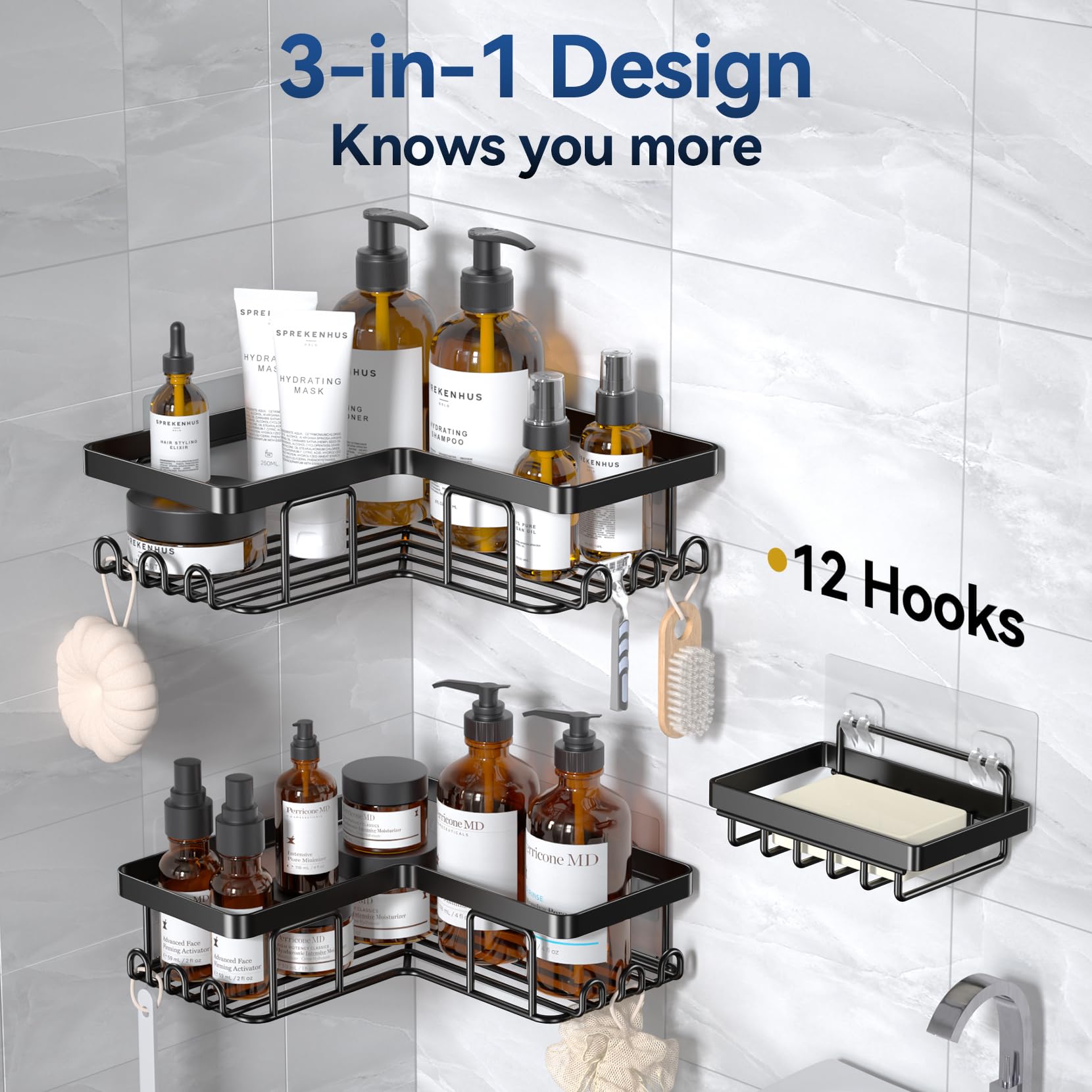 YASONIC Corner Shower Caddy, 3-Pack Adhesive Shower Caddy with Soap Holder and 12 Hooks, Rustproof Stainless Steel Bathroom Shower Organizer, No Drilling Wall Mounted Shower Rack, for Bathroom, Black