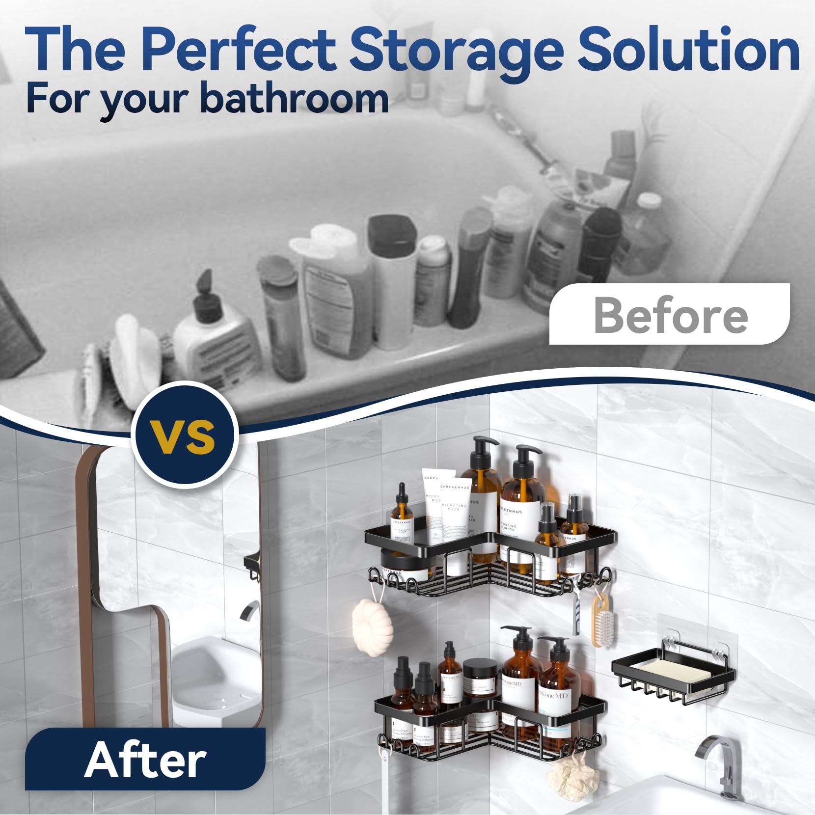 YASONIC Corner Shower Caddy, 3-Pack Adhesive Shower Caddy with Soap Holder and 12 Hooks, Rustproof Stainless Steel Bathroom Shower Organizer, No Drilling Wall Mounted Shower Rack, for Bathroom, Black