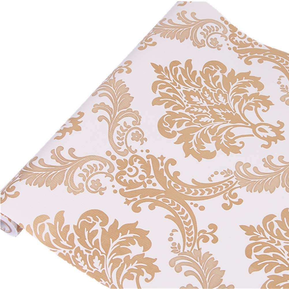 Yija Nordic Style Waterproof Shelf Drawer Liner Self-Adhesive Cabinet Sticker 17.7 Inch by 98 Inch (Gold Damask)