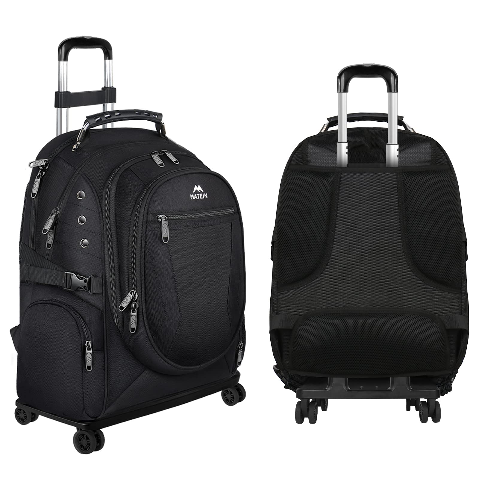 Rolling Backpack, MATEIN Travel Backpack with Wheels, Water Resistant Roller College School Backpack for Girls, 15.6 inch Wheeled Travel Laptop Backpack On Wheels Business Bookbag Gifts for Men, Black