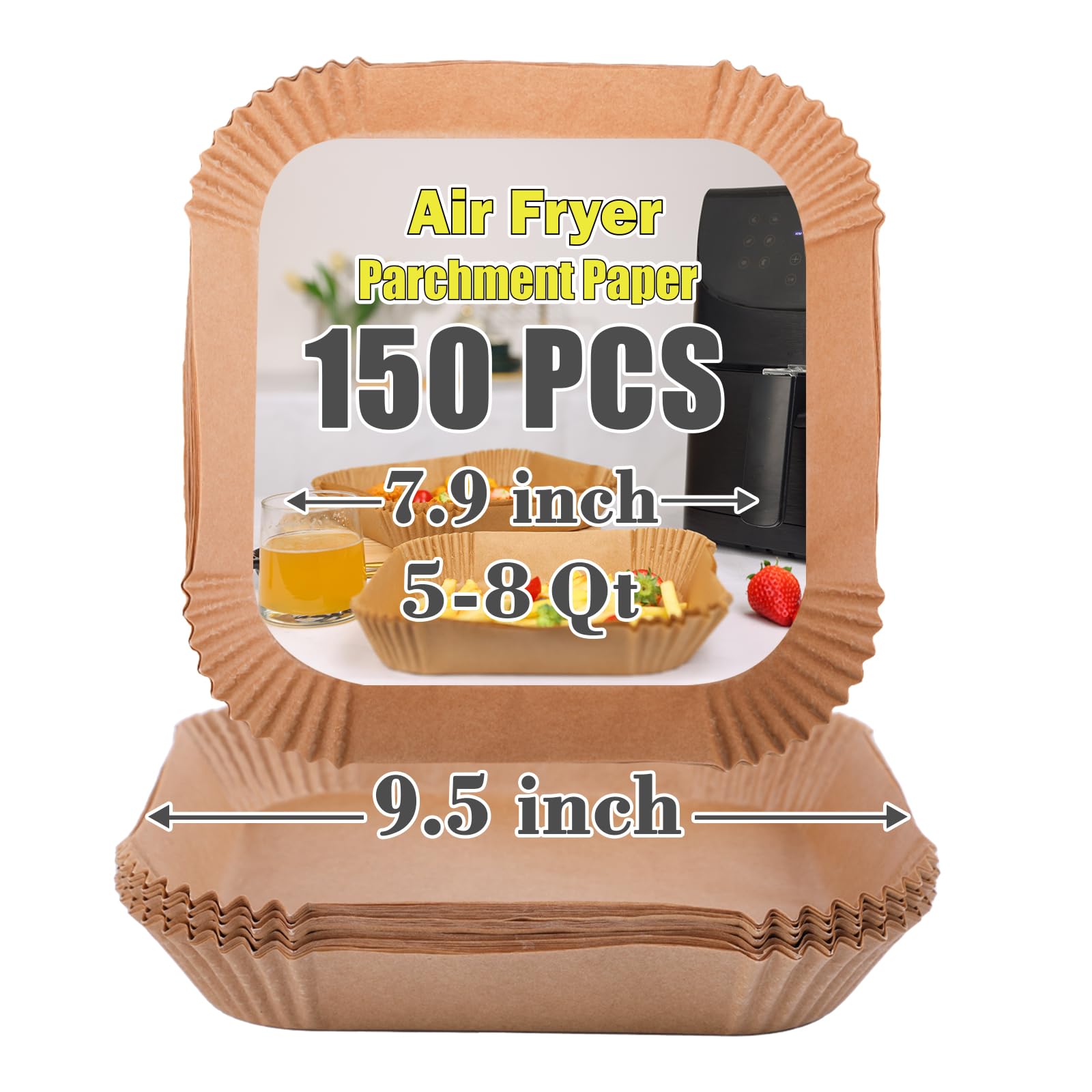 GOAUS Air Fryer 100 Pcs Square Paper Liners Disposable Large for 5 to 8 Qt Basket, 7.9 inch Unbleached Non-stick Oil-proof Parchment Paper