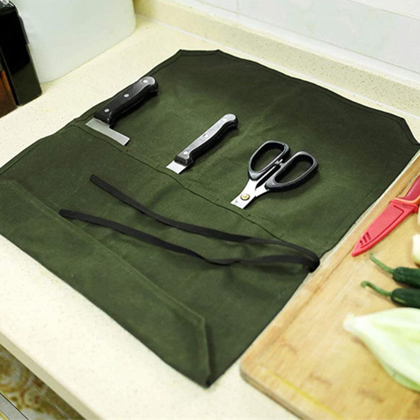 Knives Holder Roll Bag | Waxed Canvas Knifes Cultery Carrier,Knifes Roll, Chef Knifes Roll Case with 7 Slots Home Kitchen Cooking Tools, and Utensils Wrap Bag Wallet Huugy