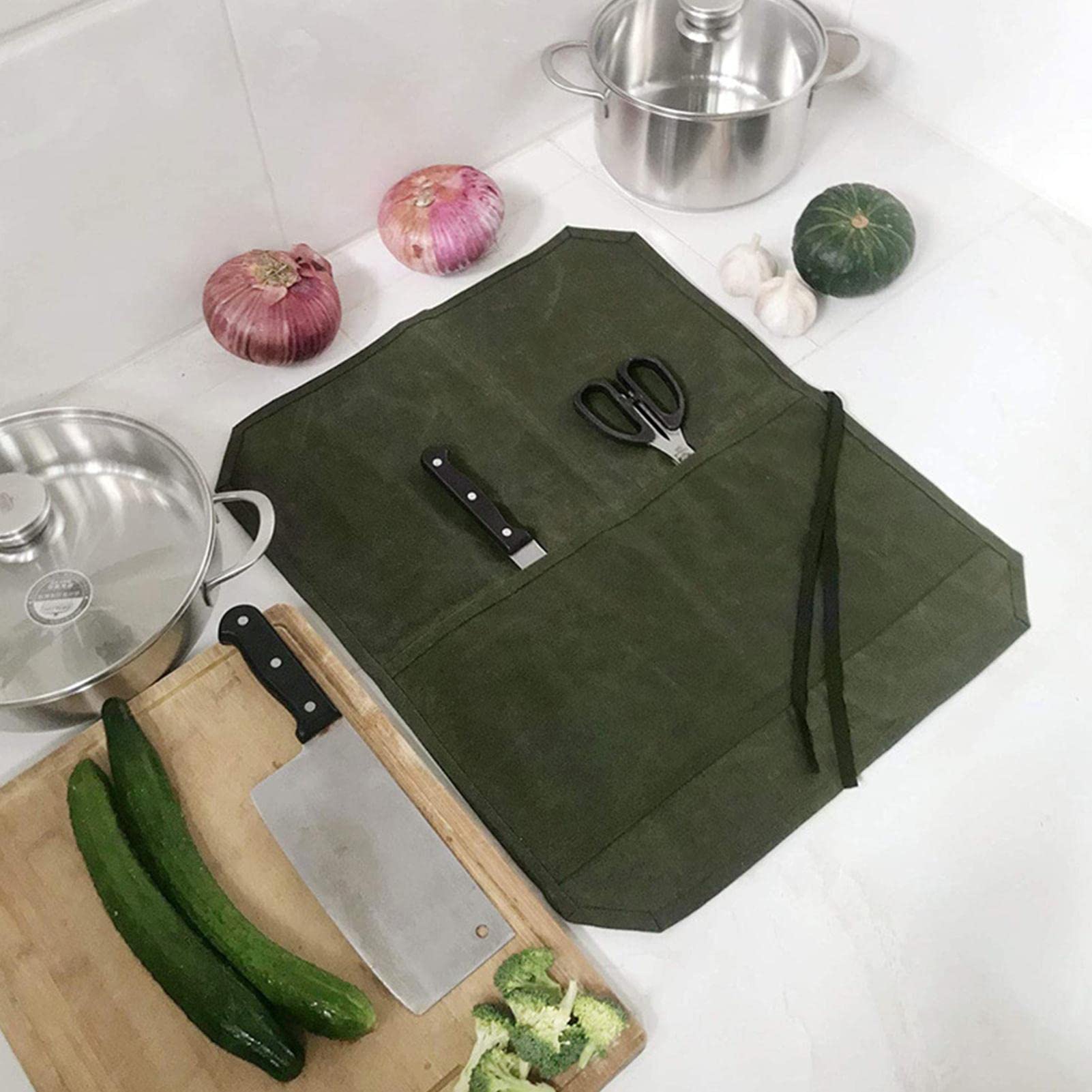 Knives Holder Roll Bag | Waxed Canvas Knifes Cultery Carrier,Knifes Roll, Chef Knifes Roll Case with 7 Slots Home Kitchen Cooking Tools, and Utensils Wrap Bag Wallet Huugy
